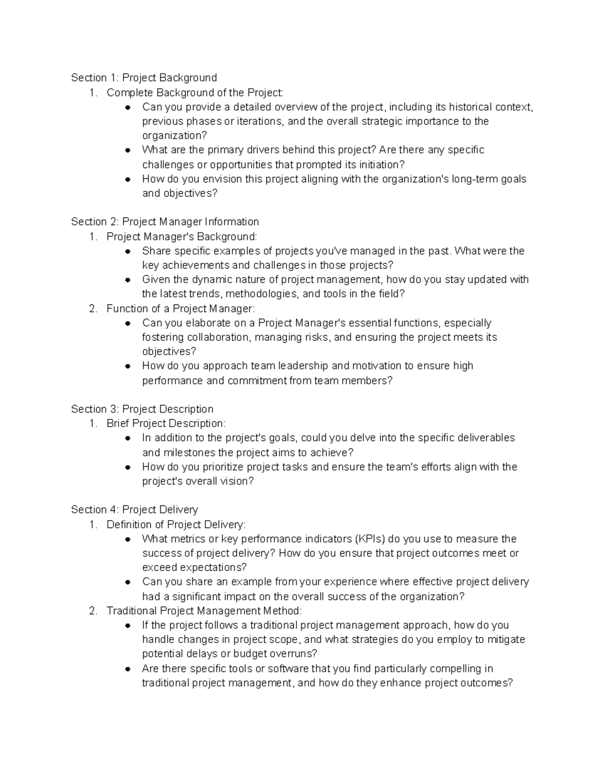 PM Interview Questionnaire - Section 1: Project Background 1. Complete ...