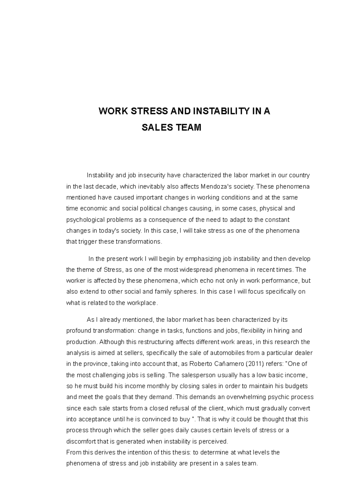 WORK Stress AND Instability IN A Sales TEAM - WORK STRESS AND ...