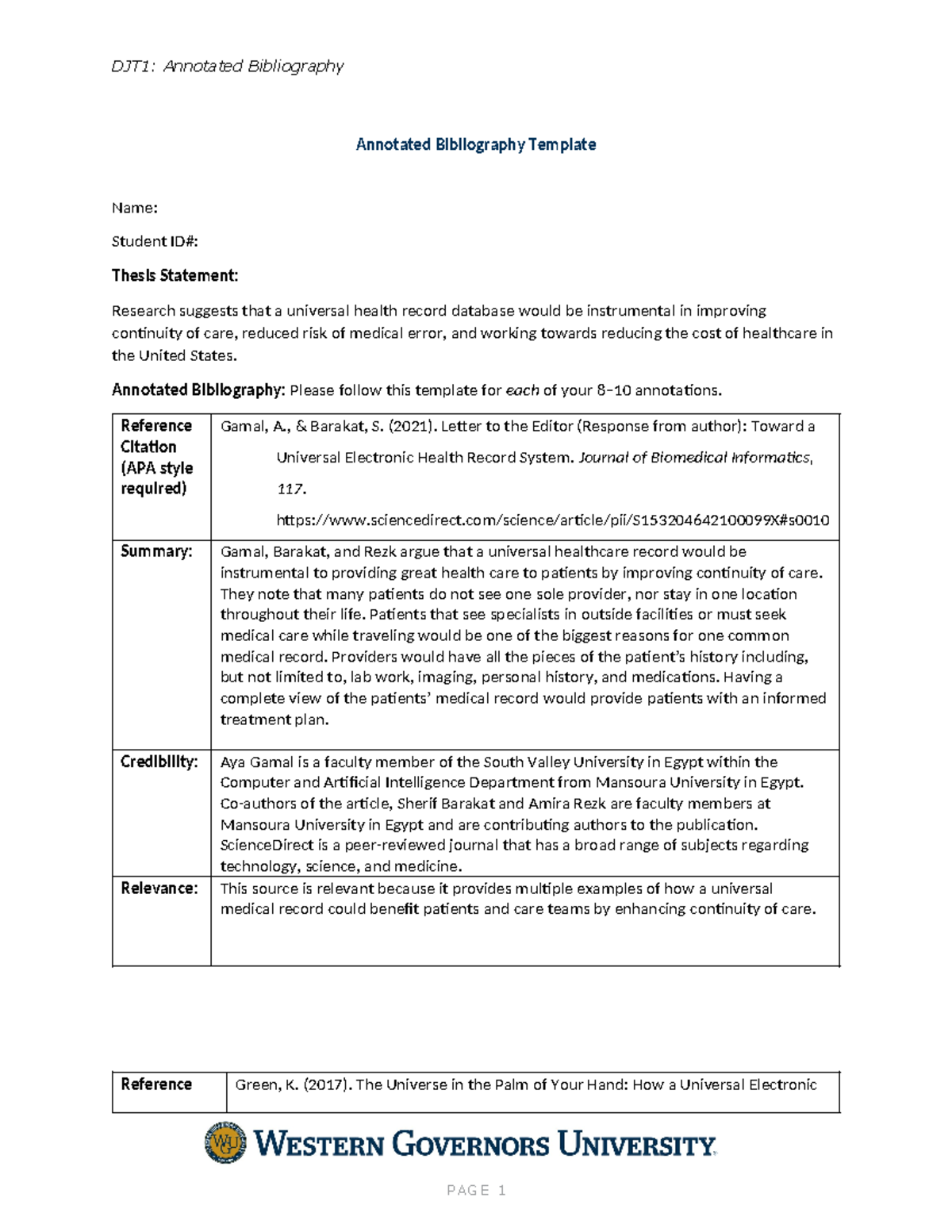 Annotated Bibliography Task 1 - Annotated Bibliography Template Name ...