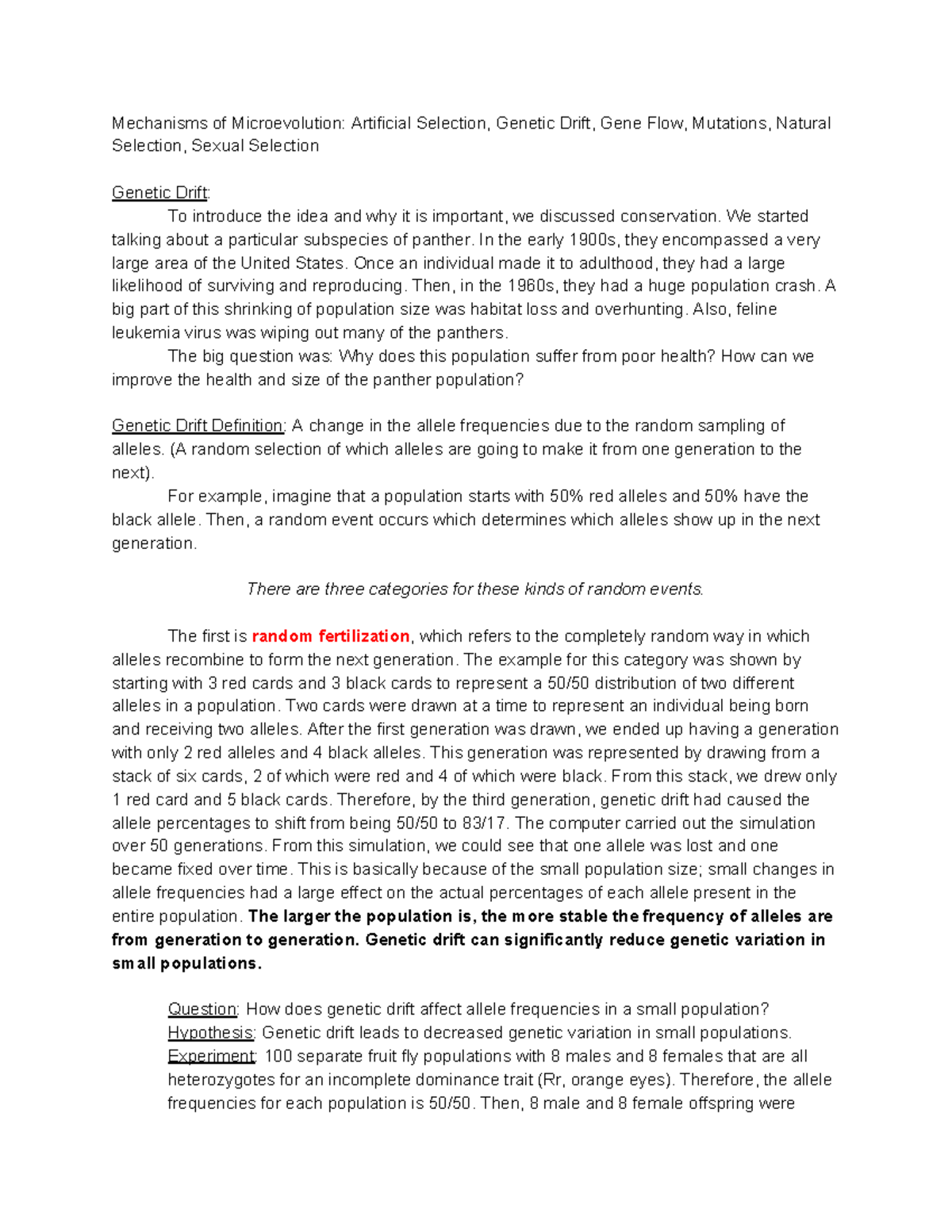 Lecture 32, Nov 26 Notes - Mechanisms of Microevolution: Artificial ...