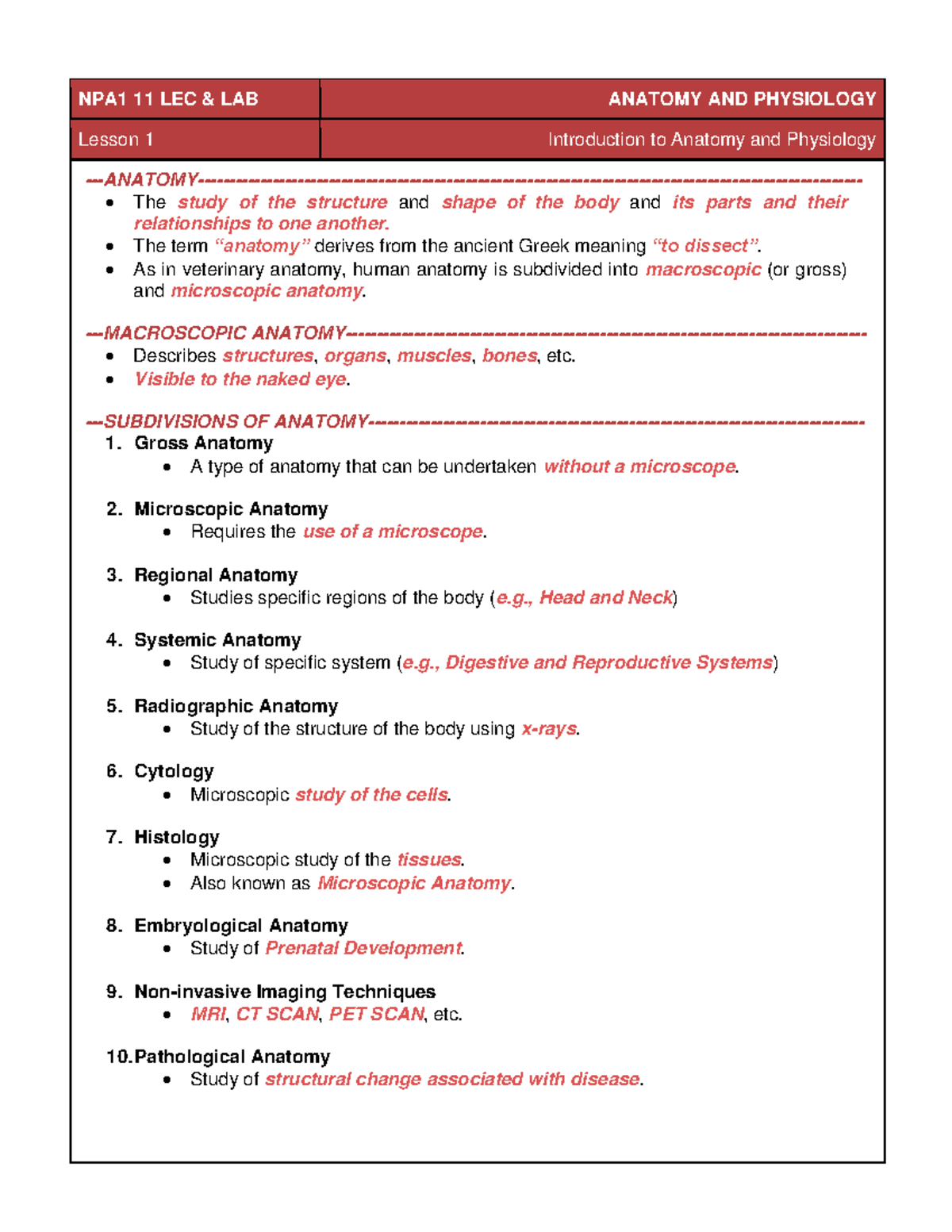 Lesson 1 - Introduction to Anatomy & Physiology - NPA1 11 LEC & LAB ...