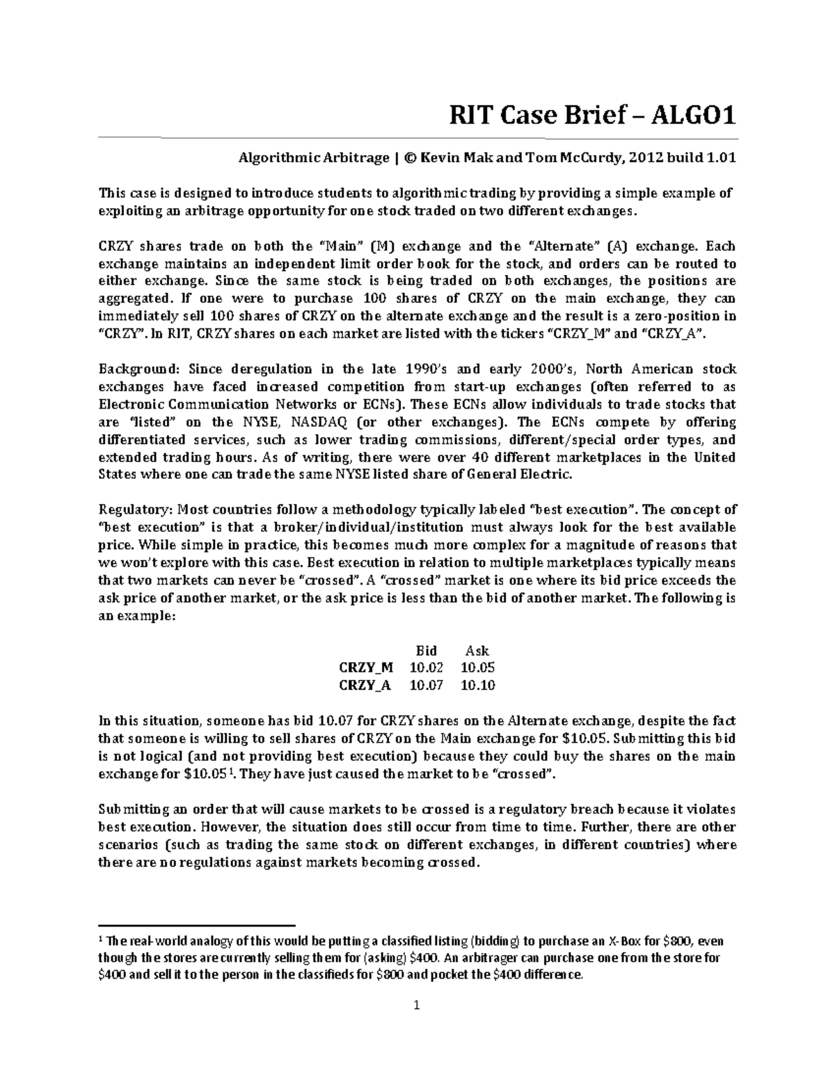 RIT - Case Brief - ALGO1 - Algorithmic Arbitrage - 1 RIT Case Brief ...