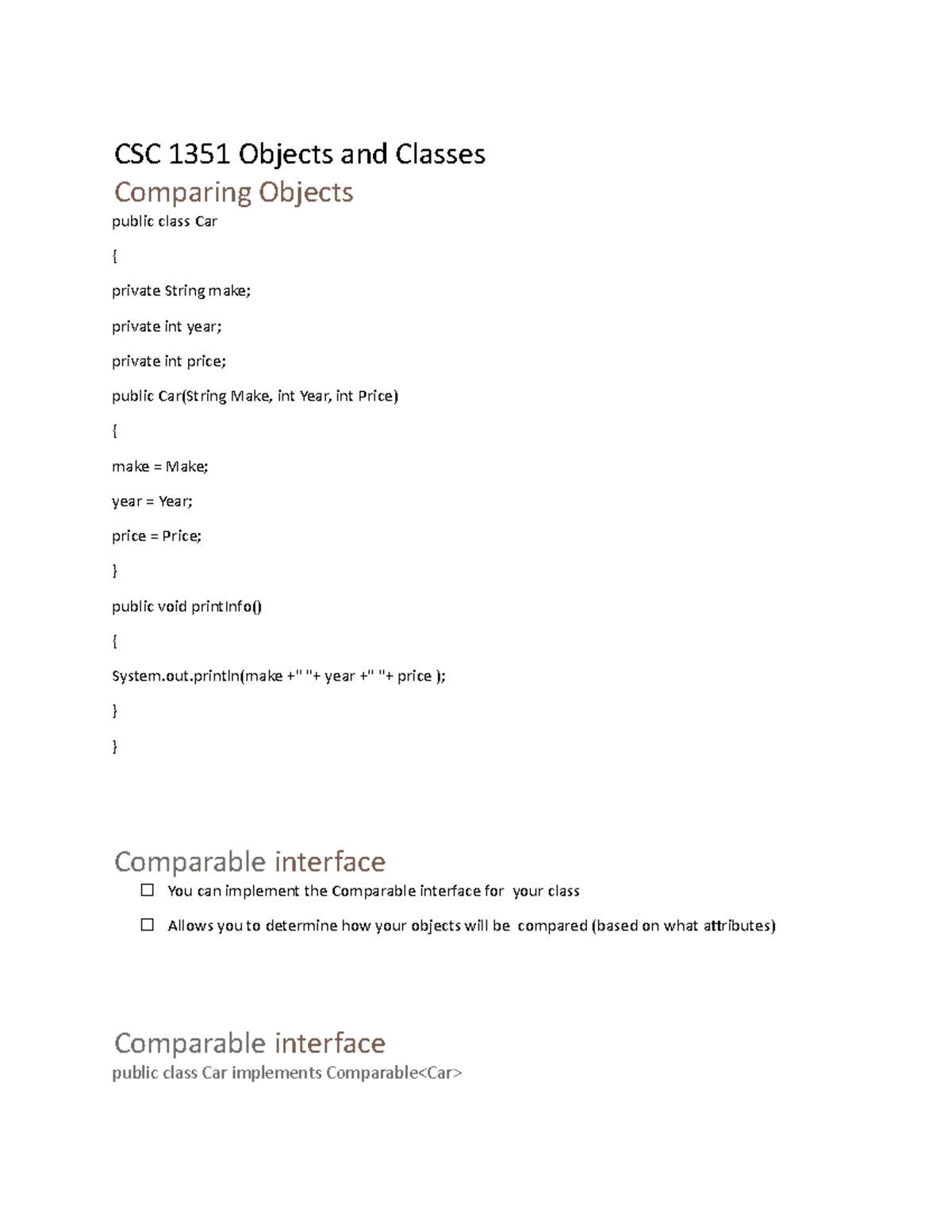 CSC1351 Comparing objects - CSC 1351 Objects and Classes Comparing ...