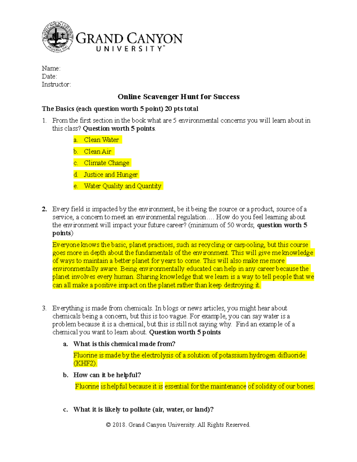 Scavenger Hunt Environmental Science BIO 220 - Name: Date: Instructor ...