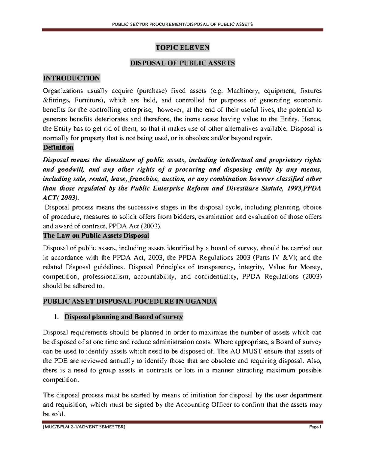 Disposal OF Public Assets - TOPIC ELEVEN DISPOSAL OF PUBLIC ASSETS ...