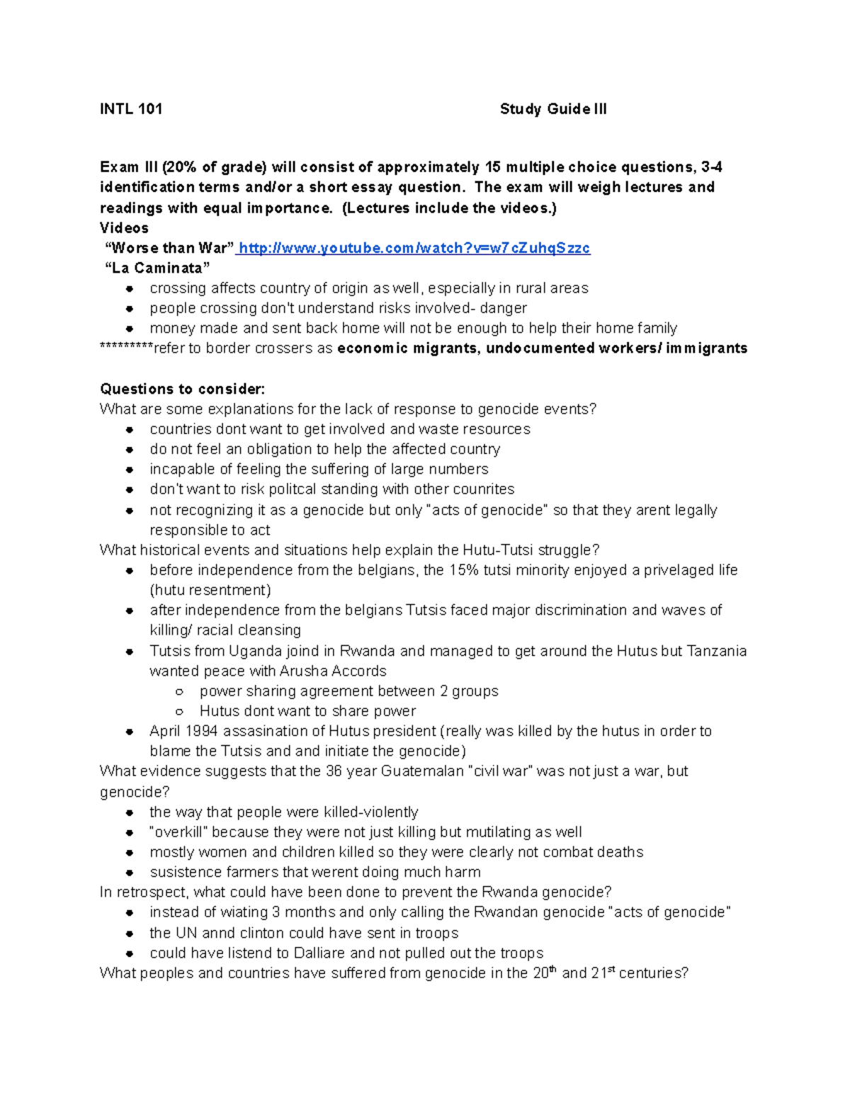 INTL 101 Study Guide 3 - INTL 101 Study Guide III Exam III (20% of ...
