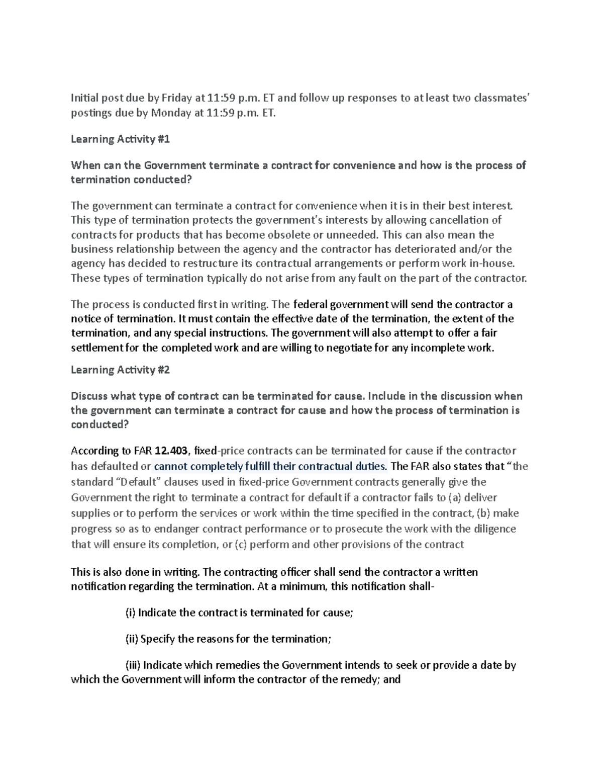 Week 8 Learning Activities - Initial post due by Friday at 11:59 p. ET ...