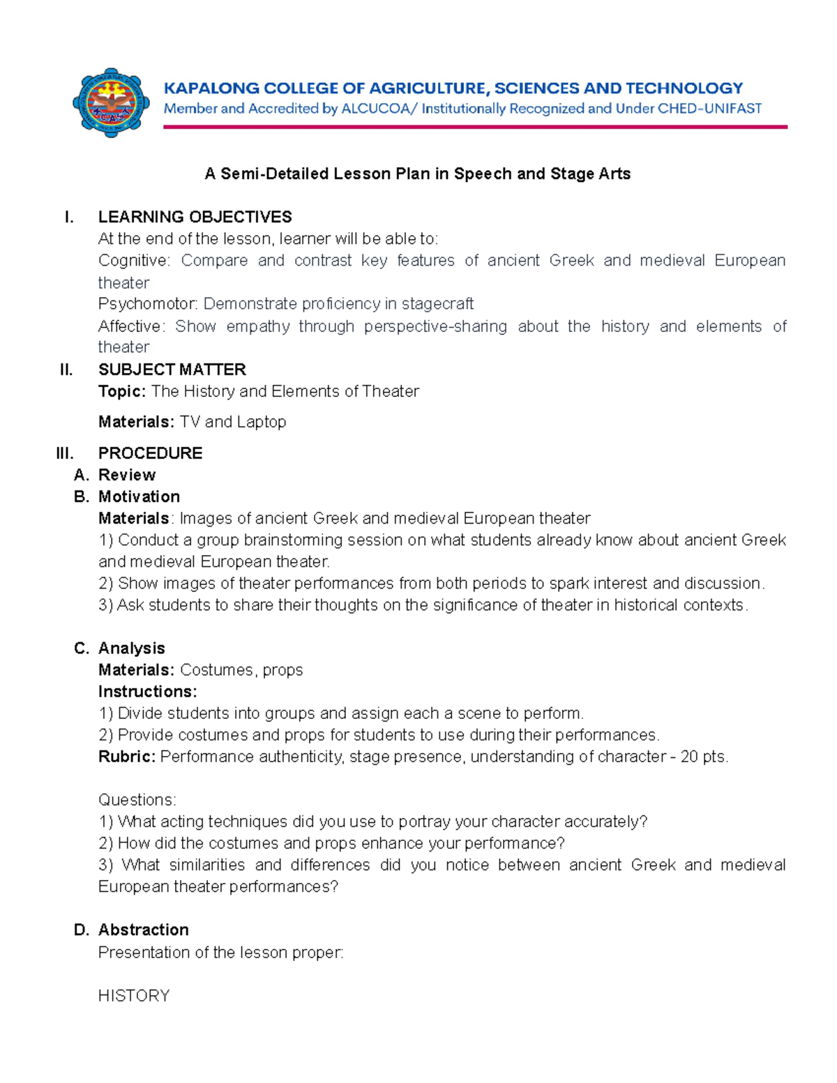 History and Elements of Theater LP - A Semi-Detailed Lesson Plan in ...