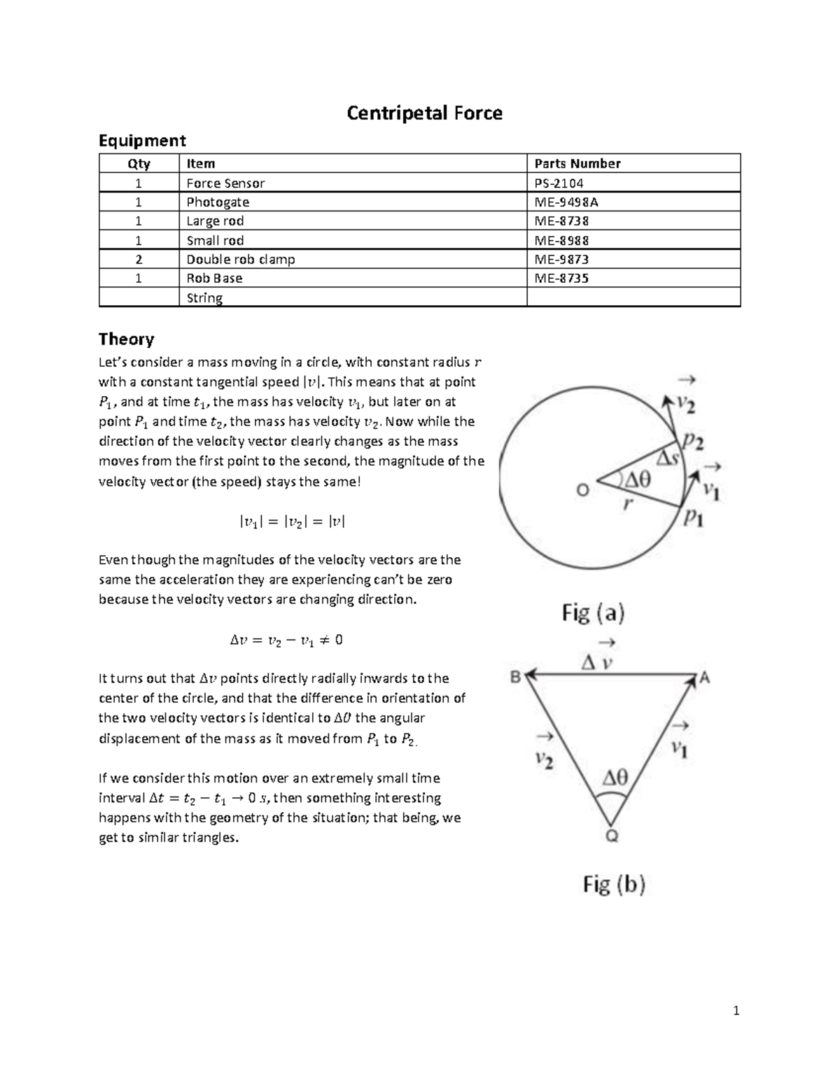 Centripetal Force Lab Edited 8 - Centripetal Force Equipment Qty Item ...