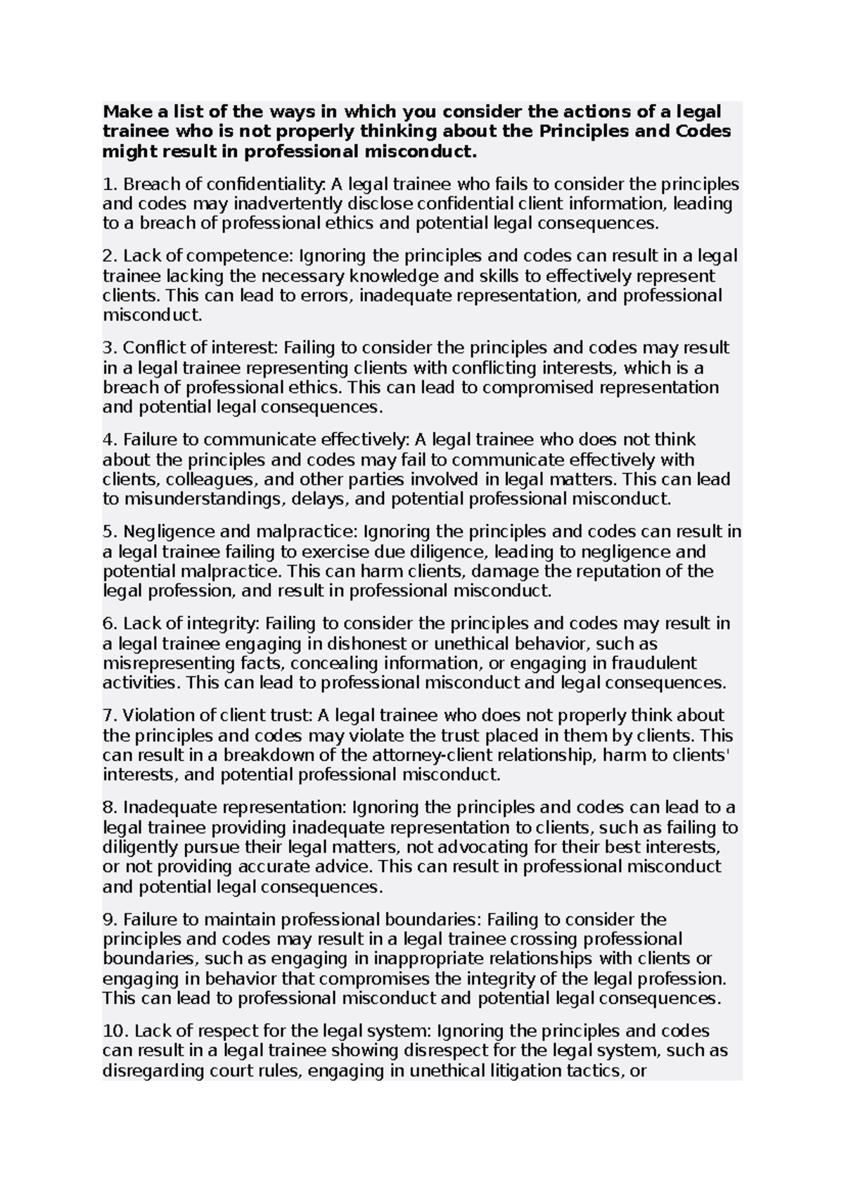 Potential trainee code of conduct breach - Make a list of the ways in ...