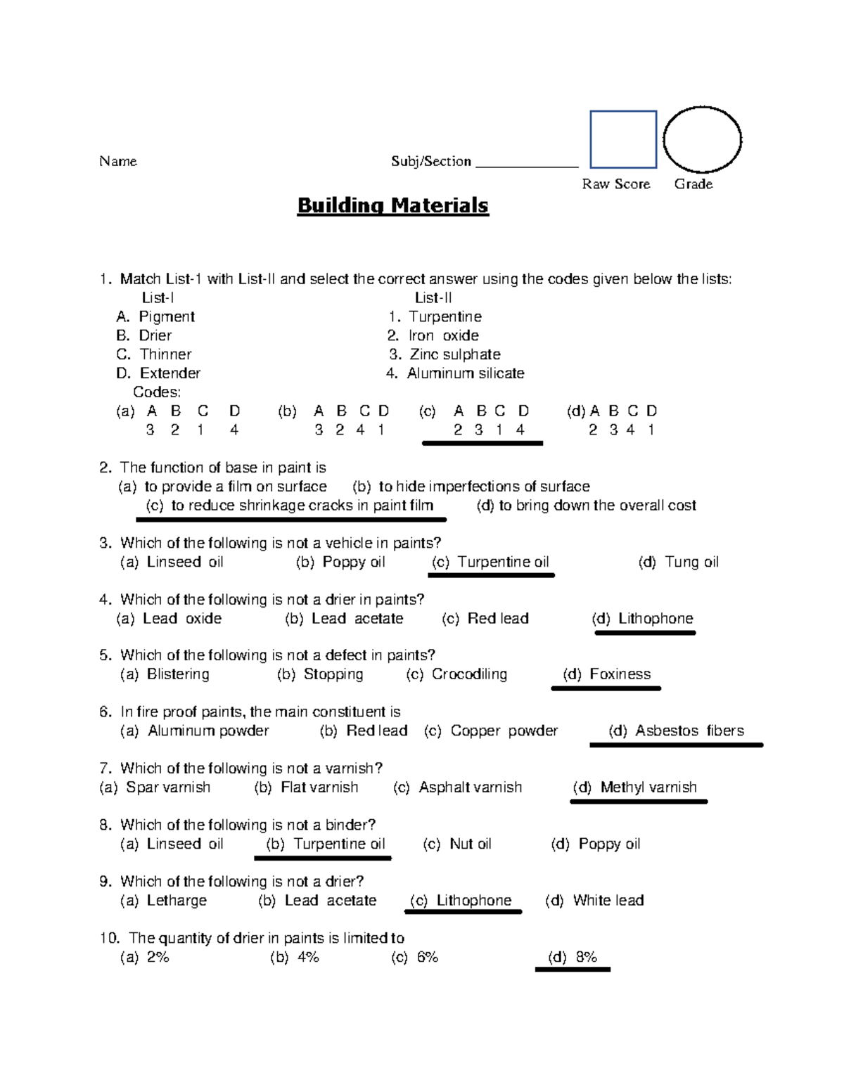Building Material Building technology EXAM - Match List-1 with List-II ...