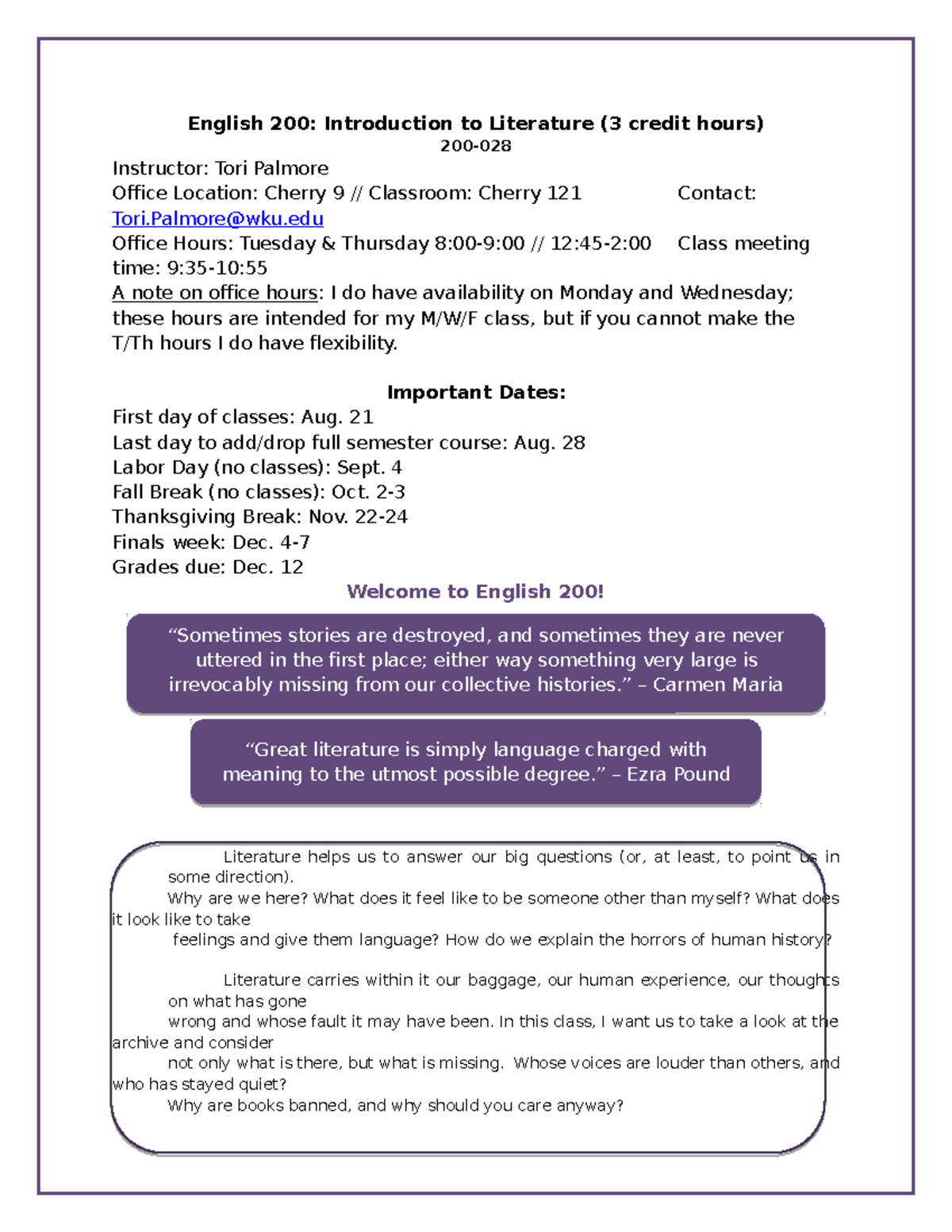 Syllabus Eng 200-028 Final with edits - English 200: Introduction to ...