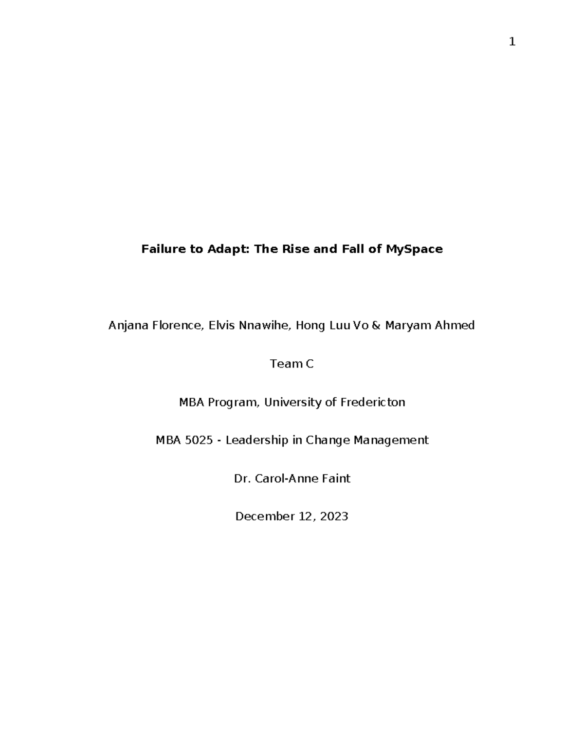 Final Team Failure to Adapt Paper - Leadership in Change Management ...