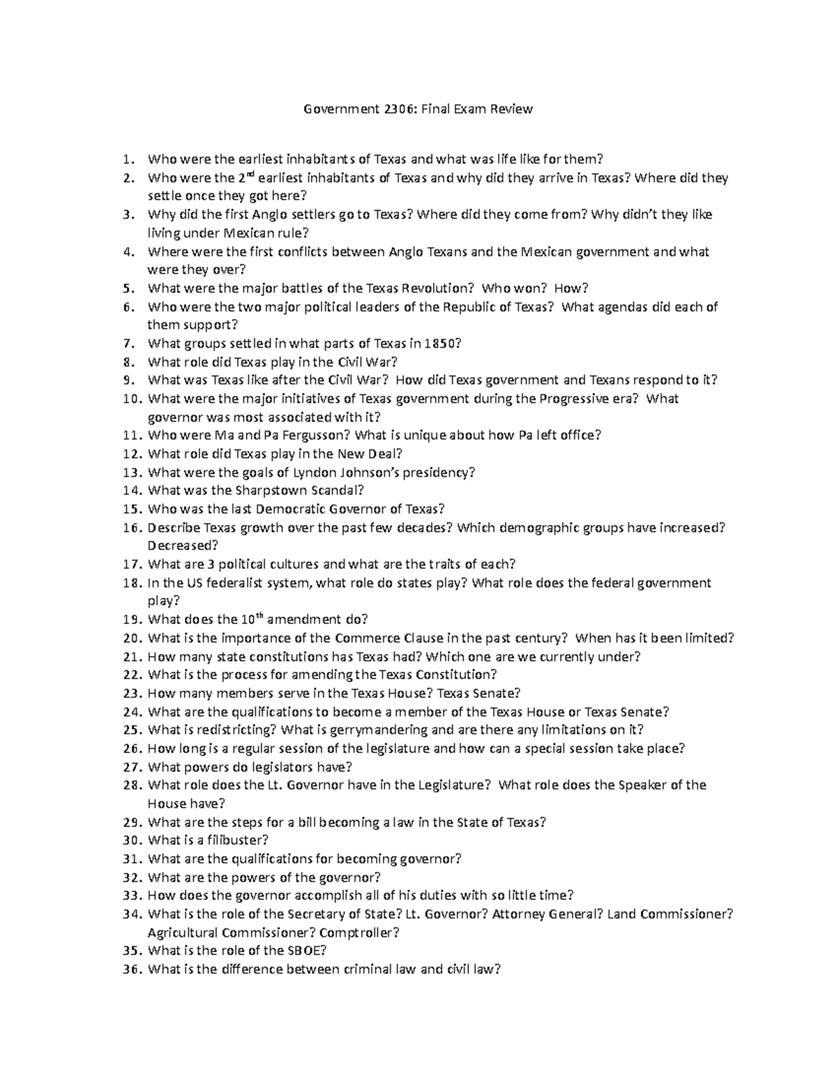 Final Exam Review - used for study guide exam - Government 2306: Final ...