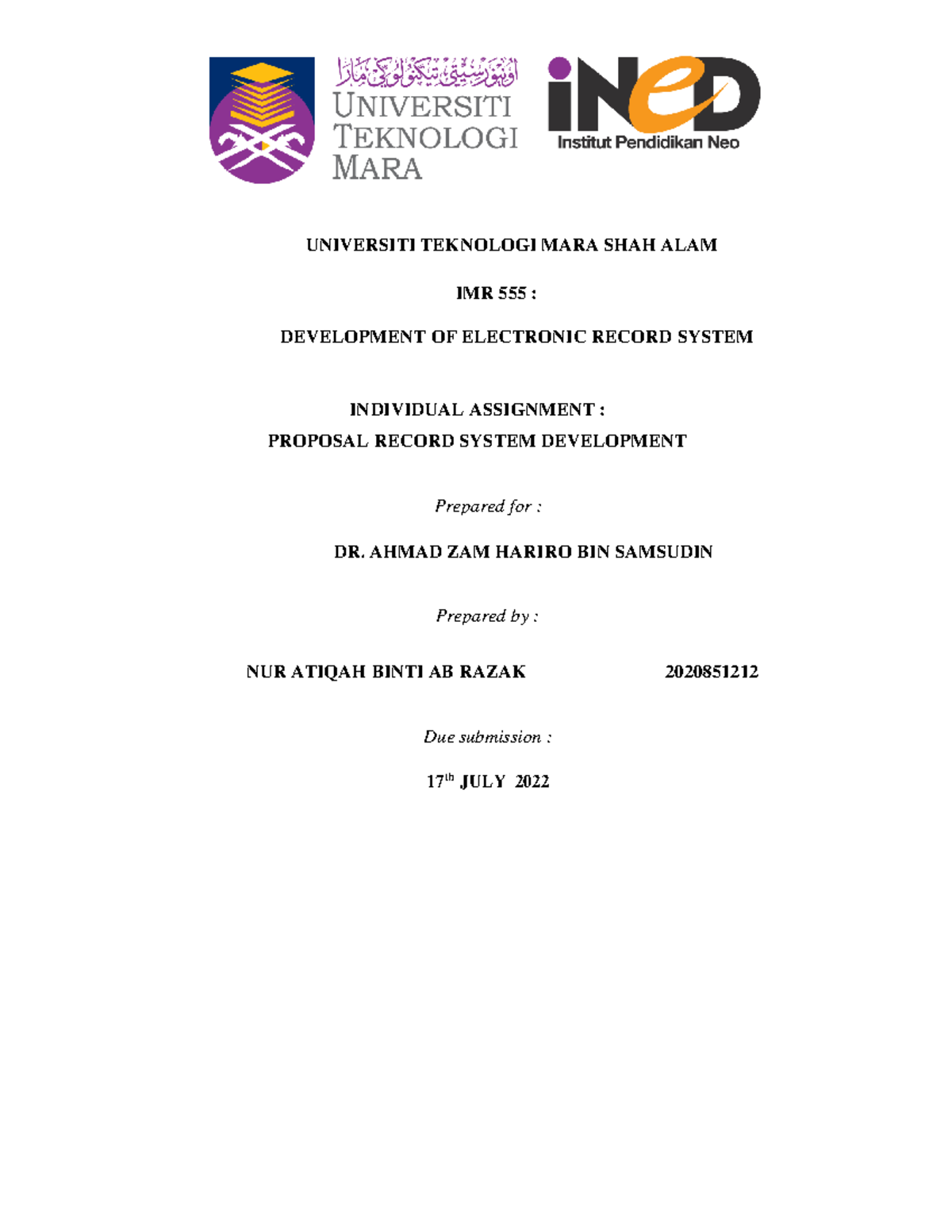 Proposal System Development Nur Atiqah 2020851212 - UNIVERSITI ...