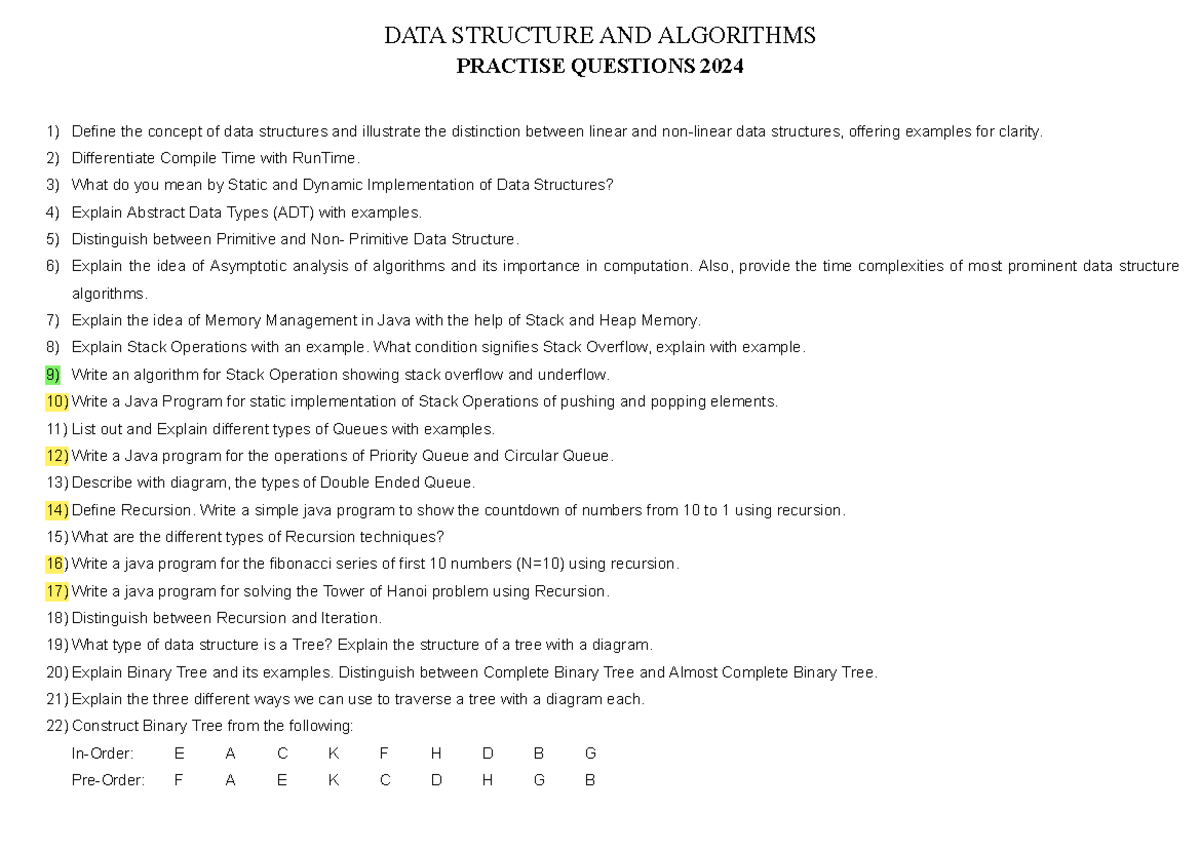 Practise Questions 2024 - PRACTISE QUESTIONS 2024 1) Define the concept of data structures and ...