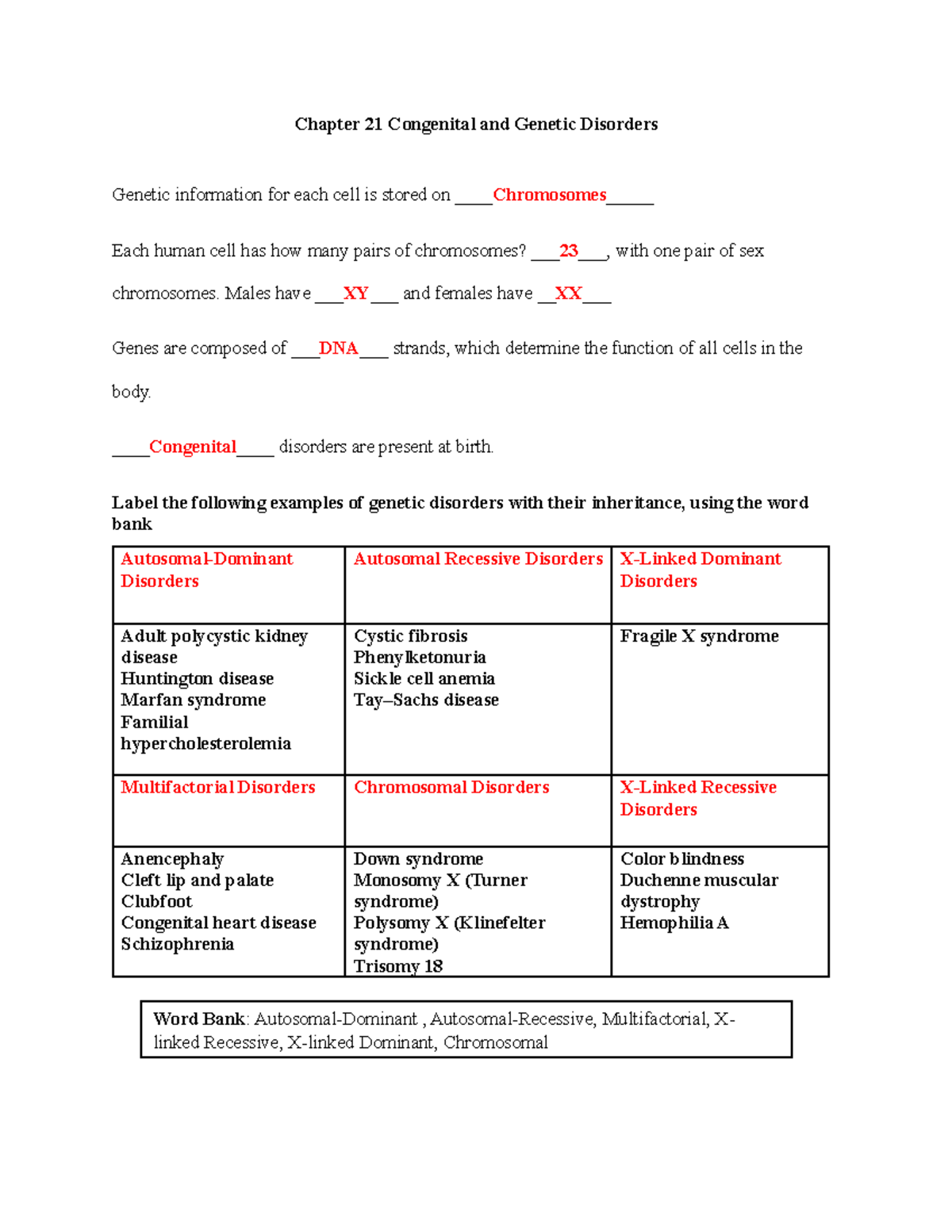 Chapter 21 Congenital and Genetic Disorders Worksheet Answer Key ...