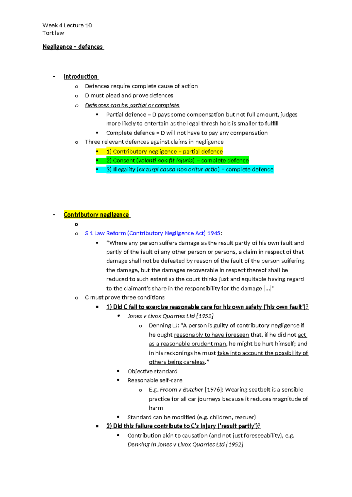Lecture 10 - Negligence – defences - Tort law Negligence – defences ...