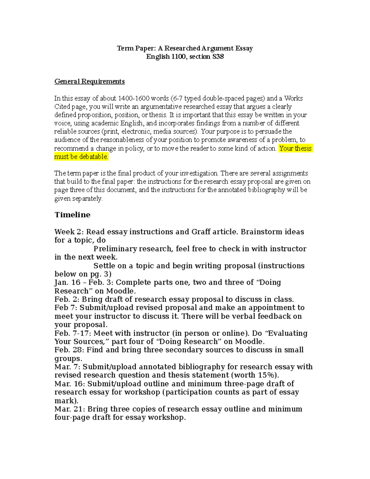 Research Essay 1100 S38 Spr 2023 - Term Paper: A Researched Argument ...