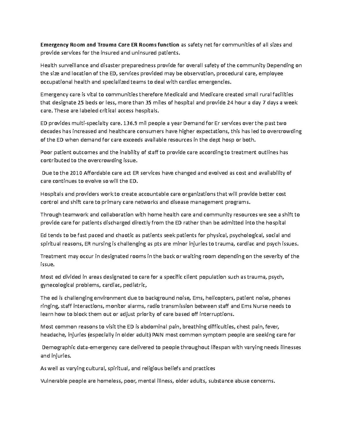 Trauma Lecture Notes - Emergency Room and Trauma Care ER Rooms function ...