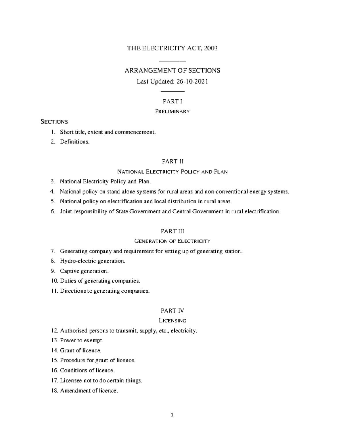 A2003-36 - sda - THE ELECTRICITY ACT, 2003 ARRANGEMENT OF SECTIONS Last ...