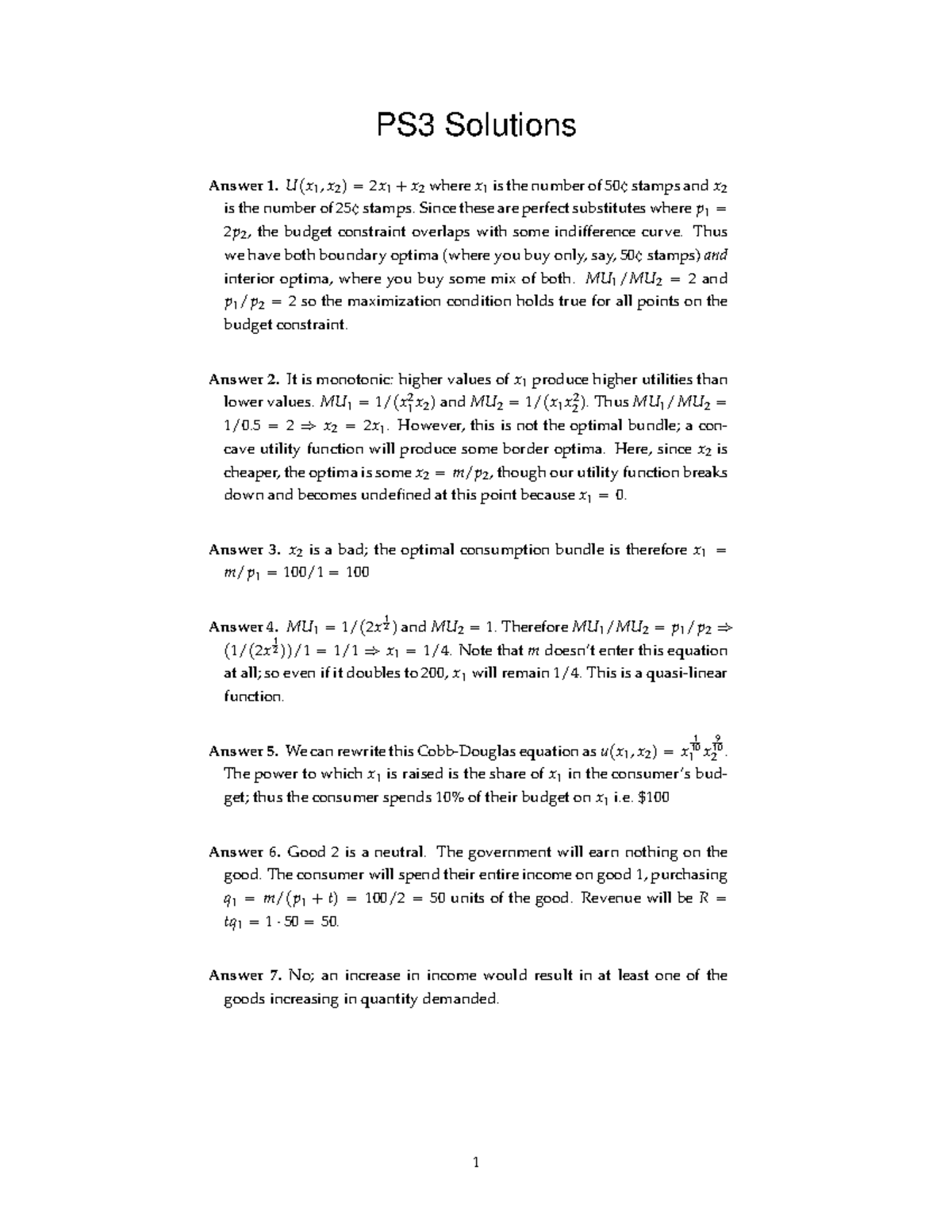 PS3 Solutions - Prof. Kumar - PS3 Solutions Answer 1. U(x 1 ,x 2 ) = 2 x 1 +x 2 wherex 1 is the ...