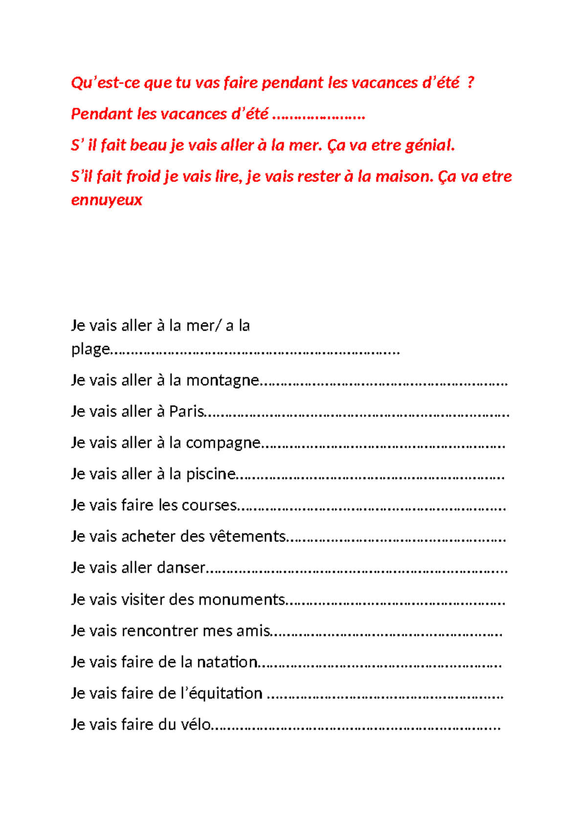 Les Vacances List of Activities-1 - Qu’est-ce que tu vas faire pendant ...
