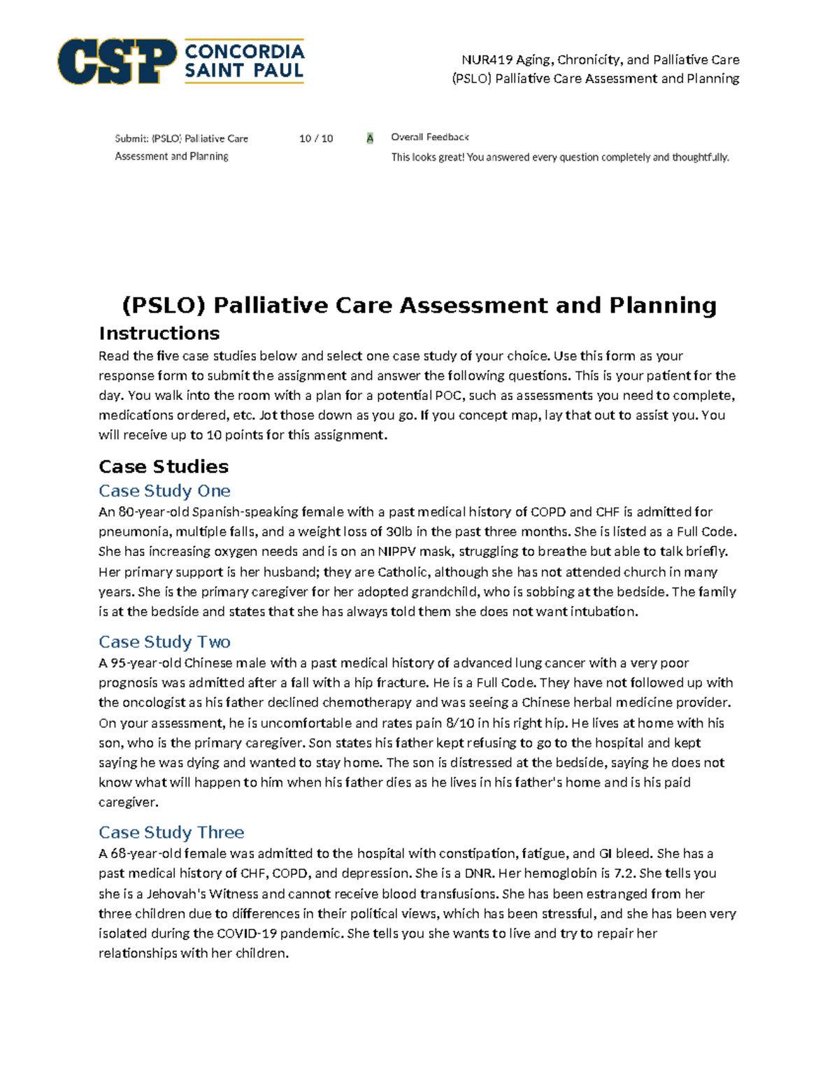 NUR419 (PSLO) Palliative Care Assessment and Planning - (PSLO ...