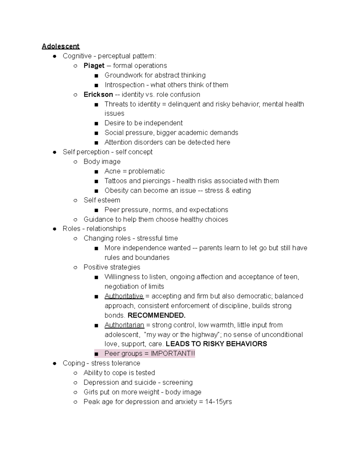 Exam 3 Study Guide - Adolescent Cognitive - perceptual pattern: Piaget ...
