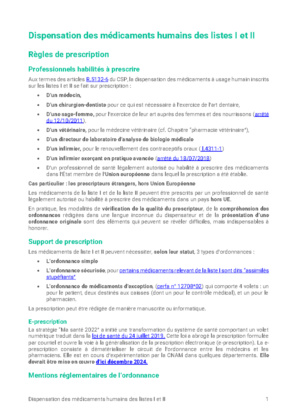 Dispensation des médicaments humains des listes I et II - Dispensation ...