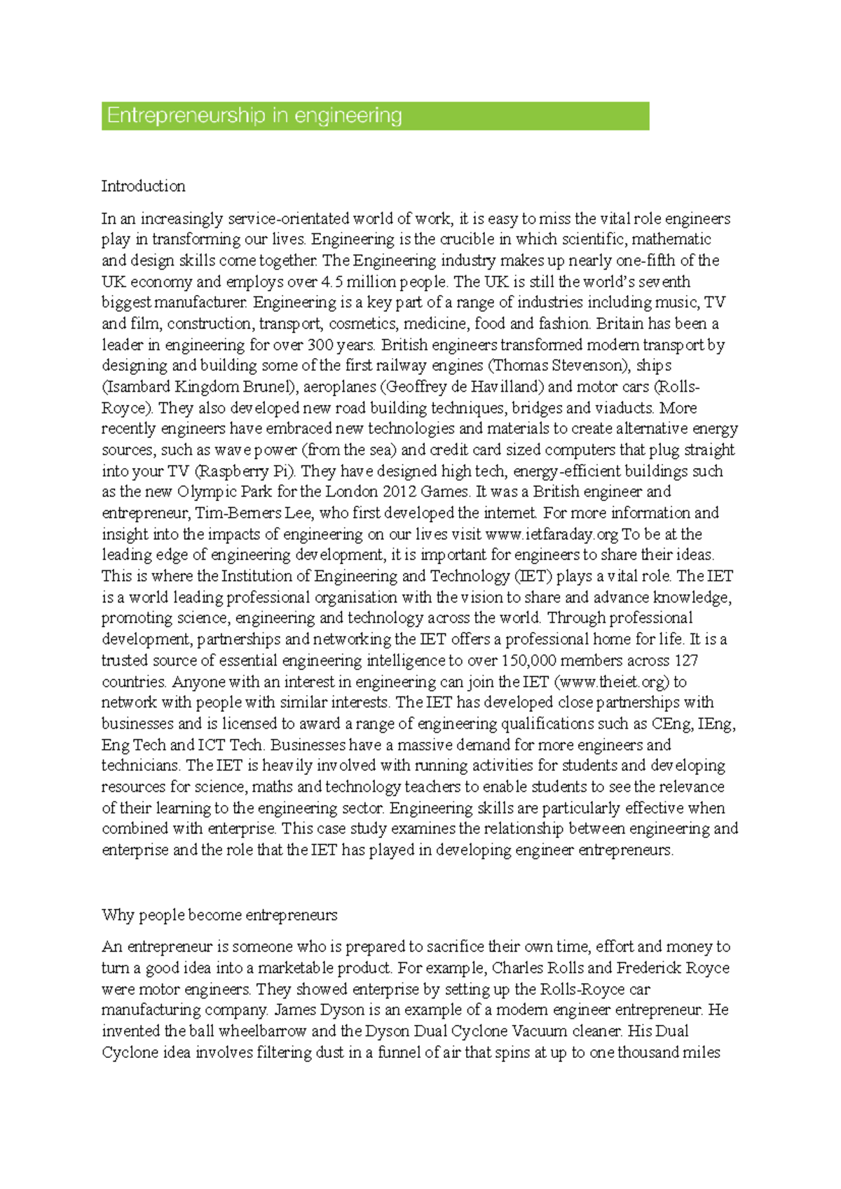 Case study (entrepreneuship in engineering) - Introduction In an ...