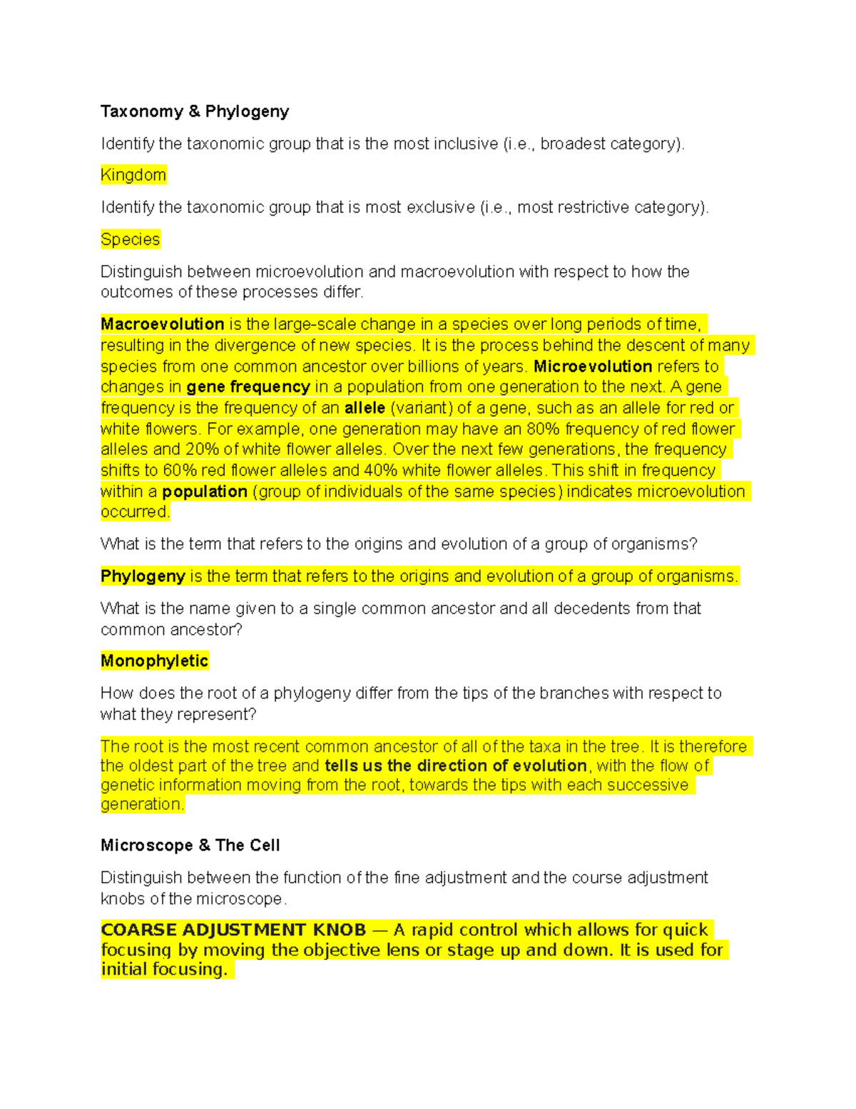 Lab Practical I - Sample Questions (Labs 4-6) - Taxonomy & Phylogeny ...