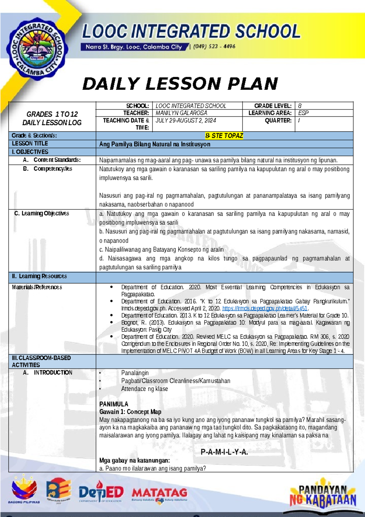 ESP-8 DLP Q1 WK1 - ESP 8 - DAILY LESSON PLAN GRADES 1 TO 12 DAILY LESSON LOG SCHOOL: LOOC ...