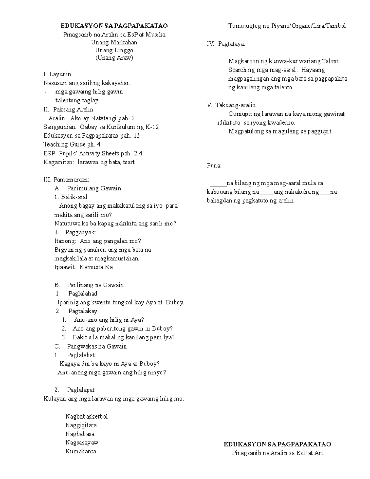 1Lesson Plan Edukasyon sa Pagpapakatao K 12a - EDUKASYON SA ...