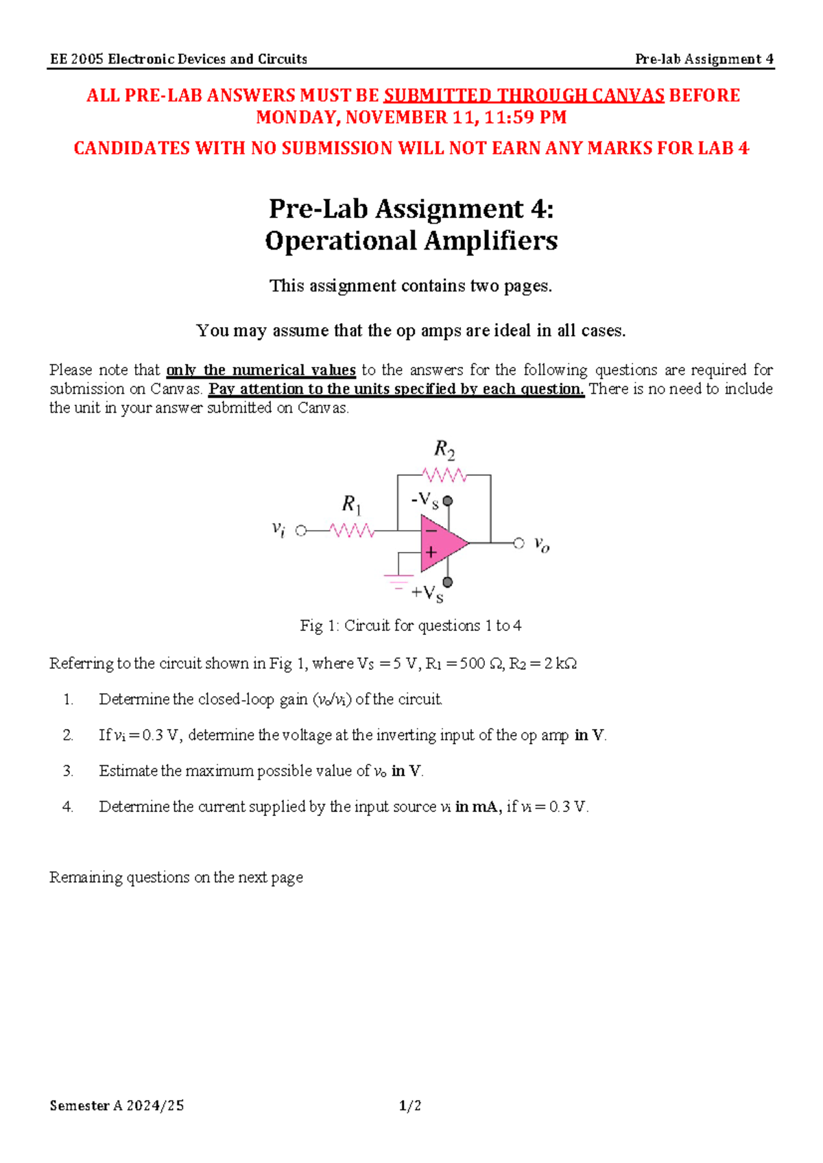 Pre-Lab 4 Assignment - Lab session - EE 2005 Electronic Devices and Circuits Pre-lab Assignment ...