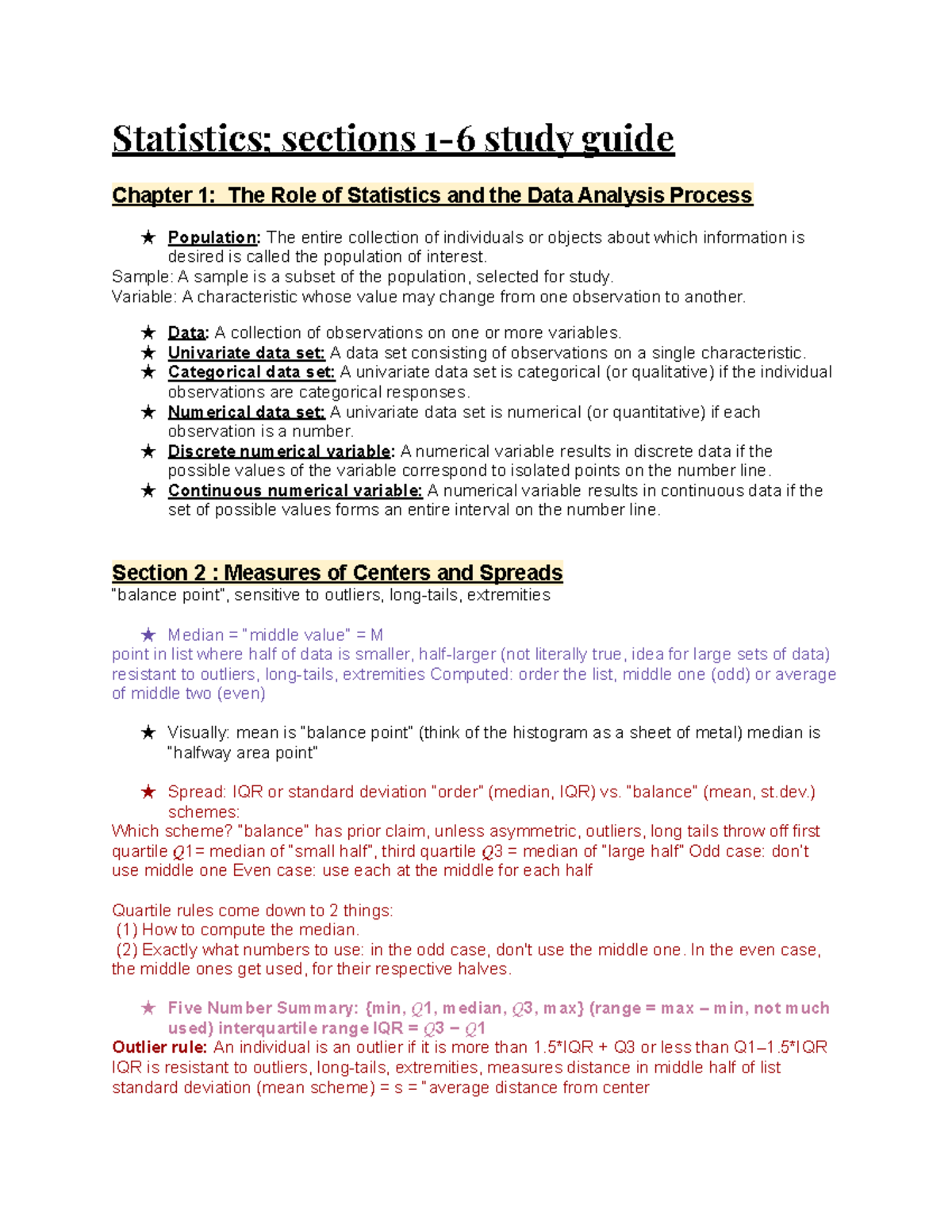 Elementary Statistics- Exam study guide - Statistics; sections 1-6 ...