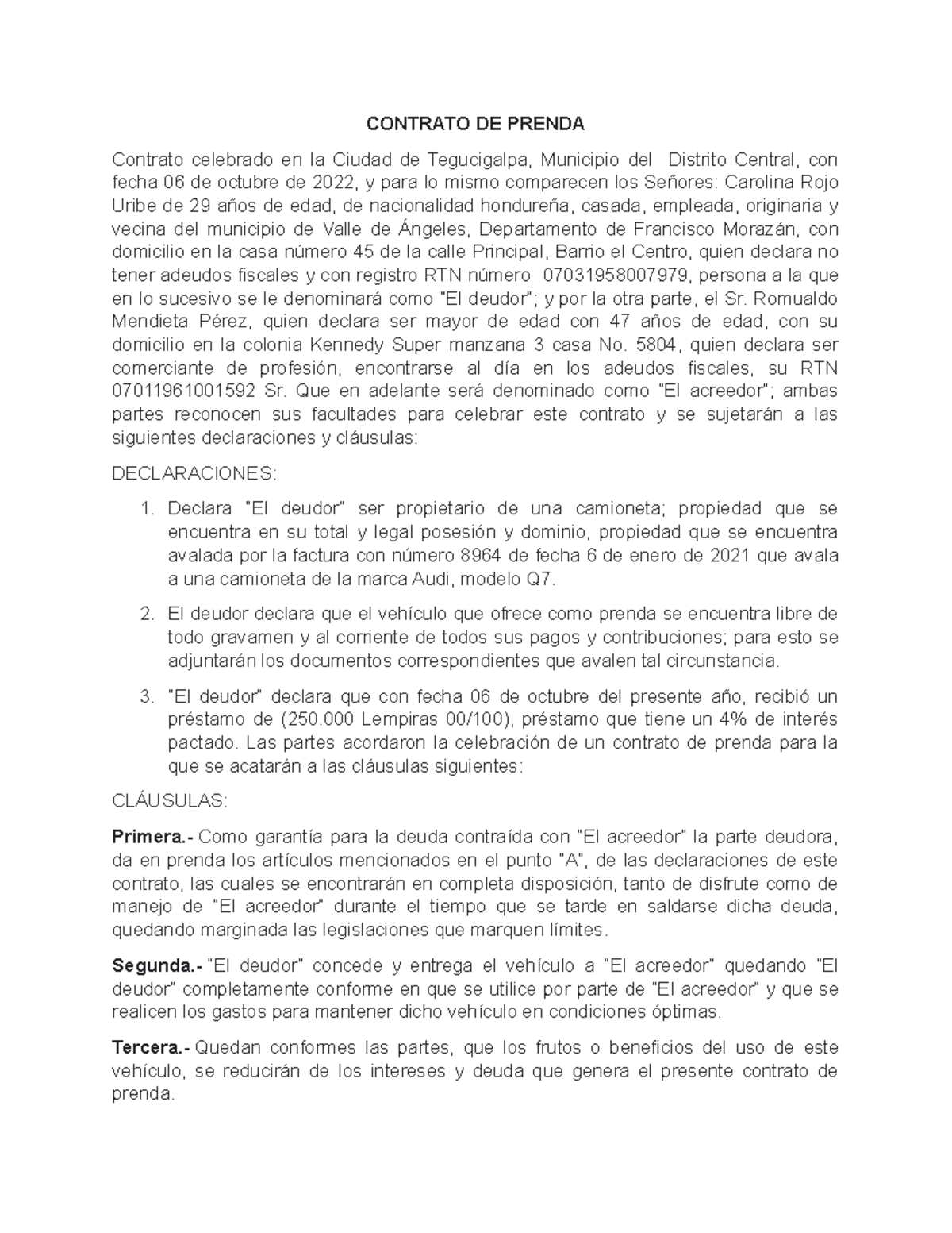 Contrato DE Prenda - como se elabora - CONTRATO DE PRENDA Contrato ...