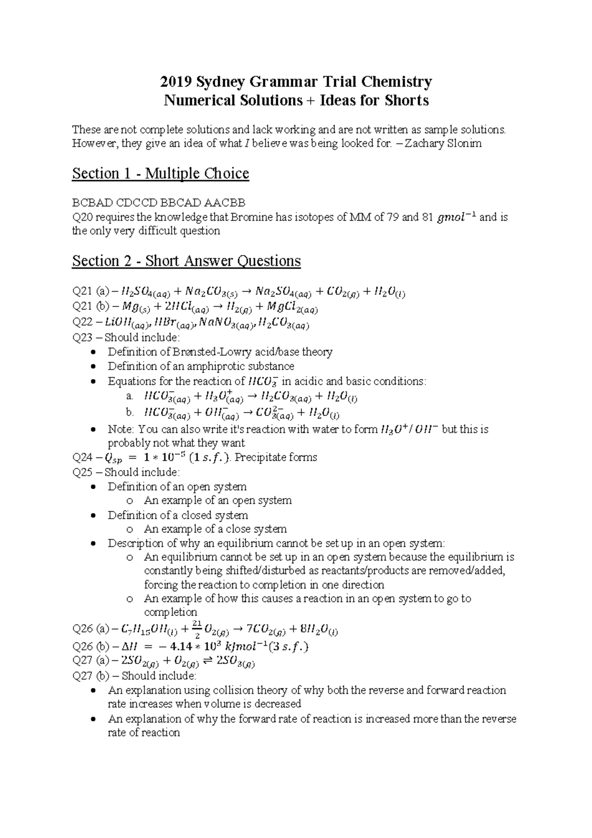 2019 Sydney Grammar Trial Chemistry - Solutions by Zachary Slonim ...
