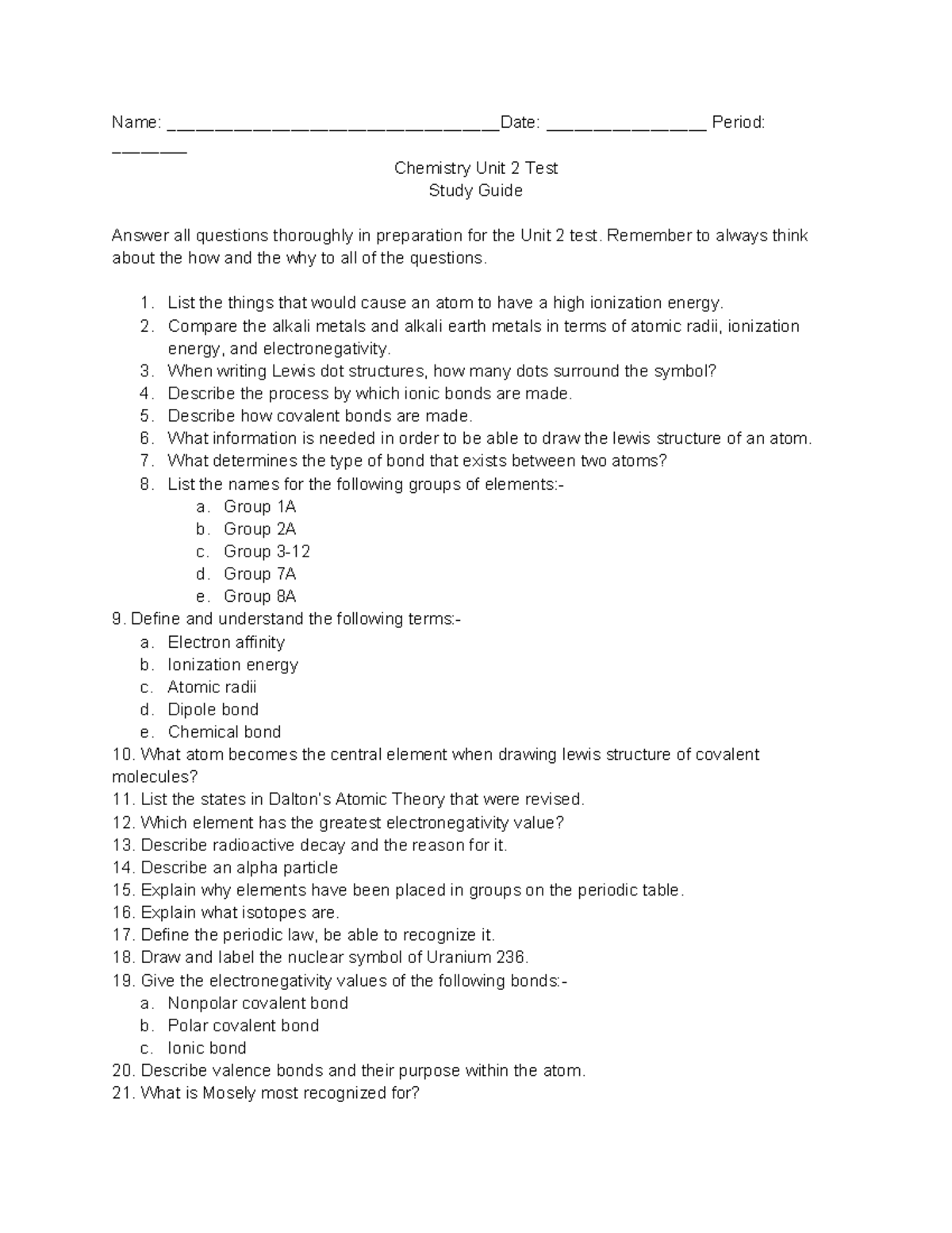 Chemistry Unit 2 Test Study Guide - Name ...