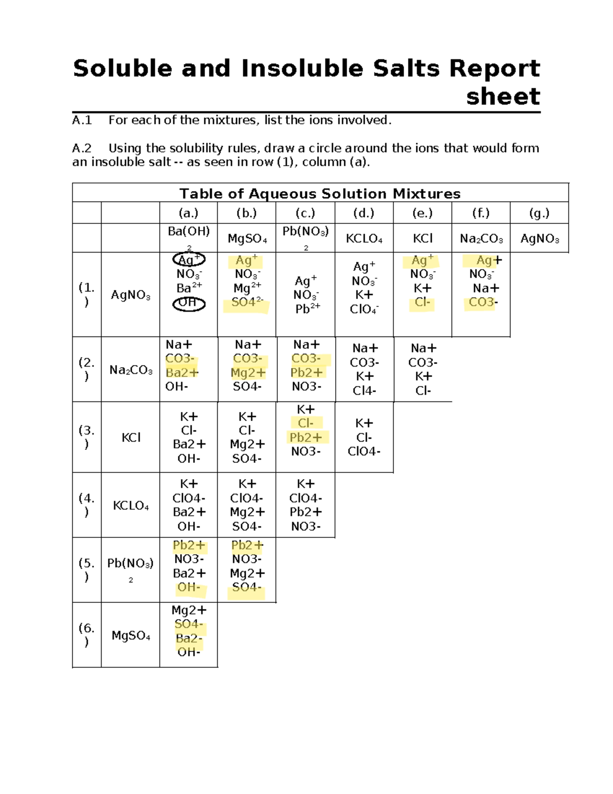 Soluble and Insoluble Salts report sheet - Soluble and Insoluble Salts ...