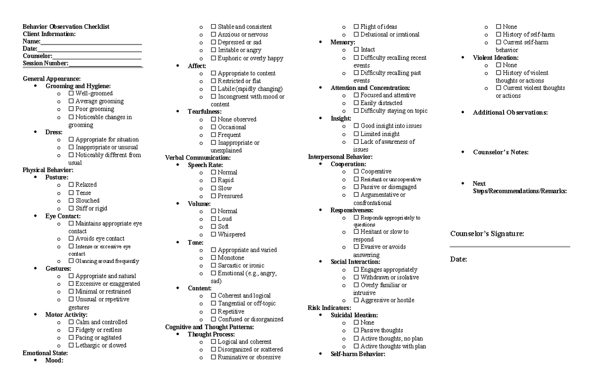 Behavior Observation Checklist - Behavior Observation Checklist Client ...