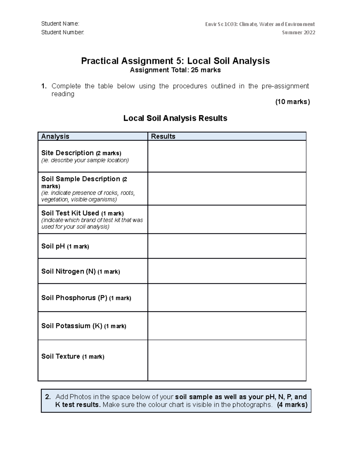 Practical Assignment Soil Analysis - ENVIRSC 1C03 - McMaster - Studocu