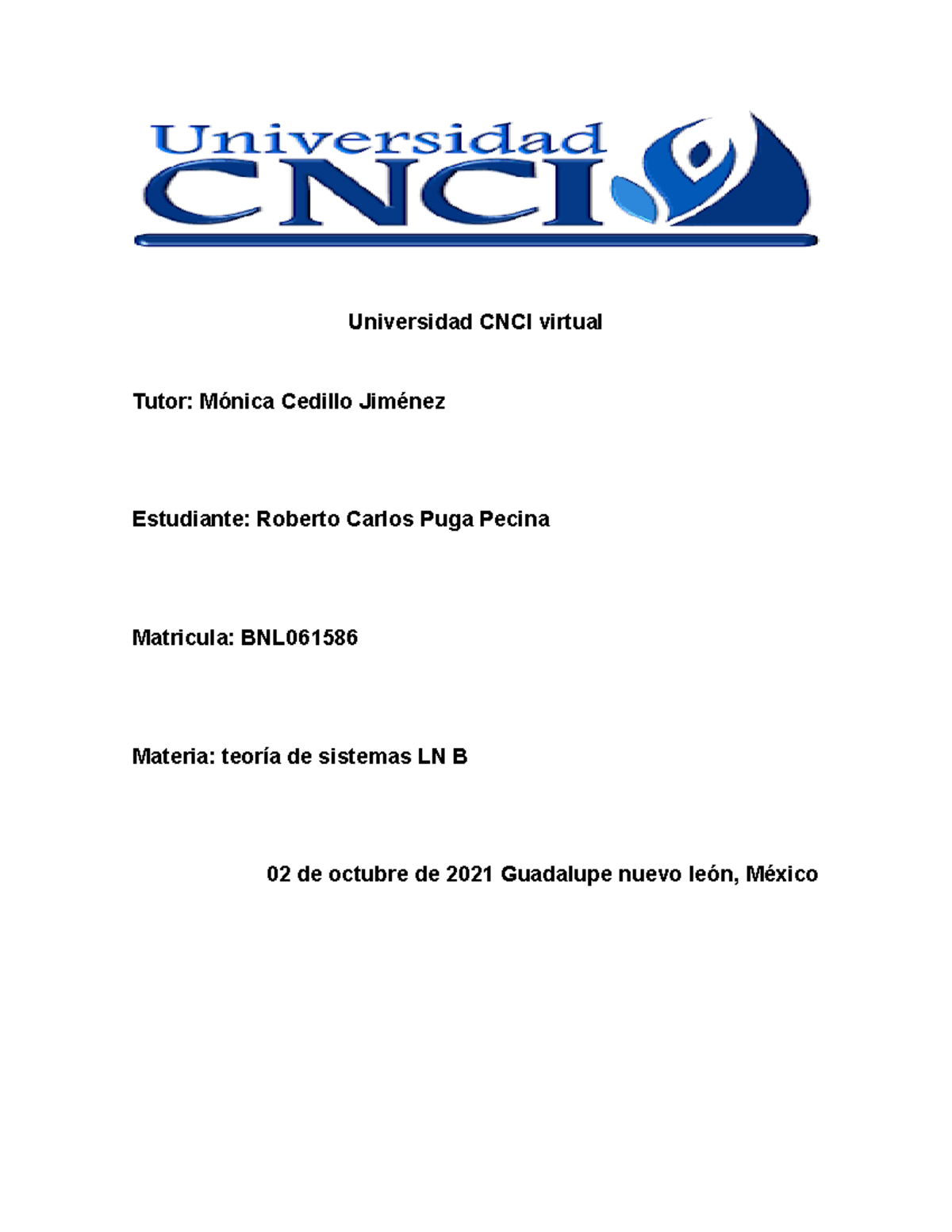 Proyecto integrador teoria de sitema - Universidad CNCI virtual Tutor ...