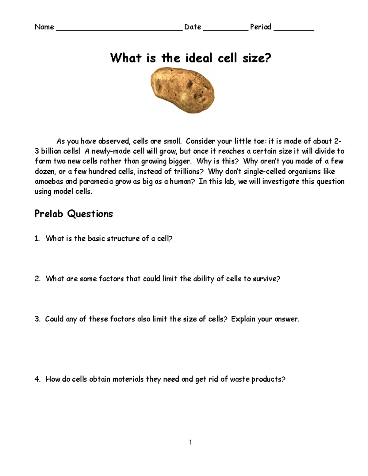 Ideal cell size lab - Name ____________________________ Date __________ Period _________ What is ...