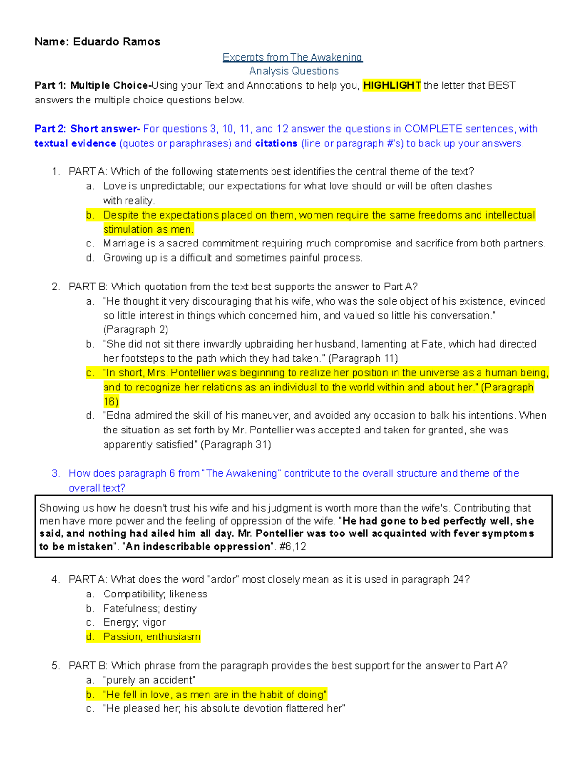 The Awakening Analysis Questions Name Eduardo Ramos Excerpts From
