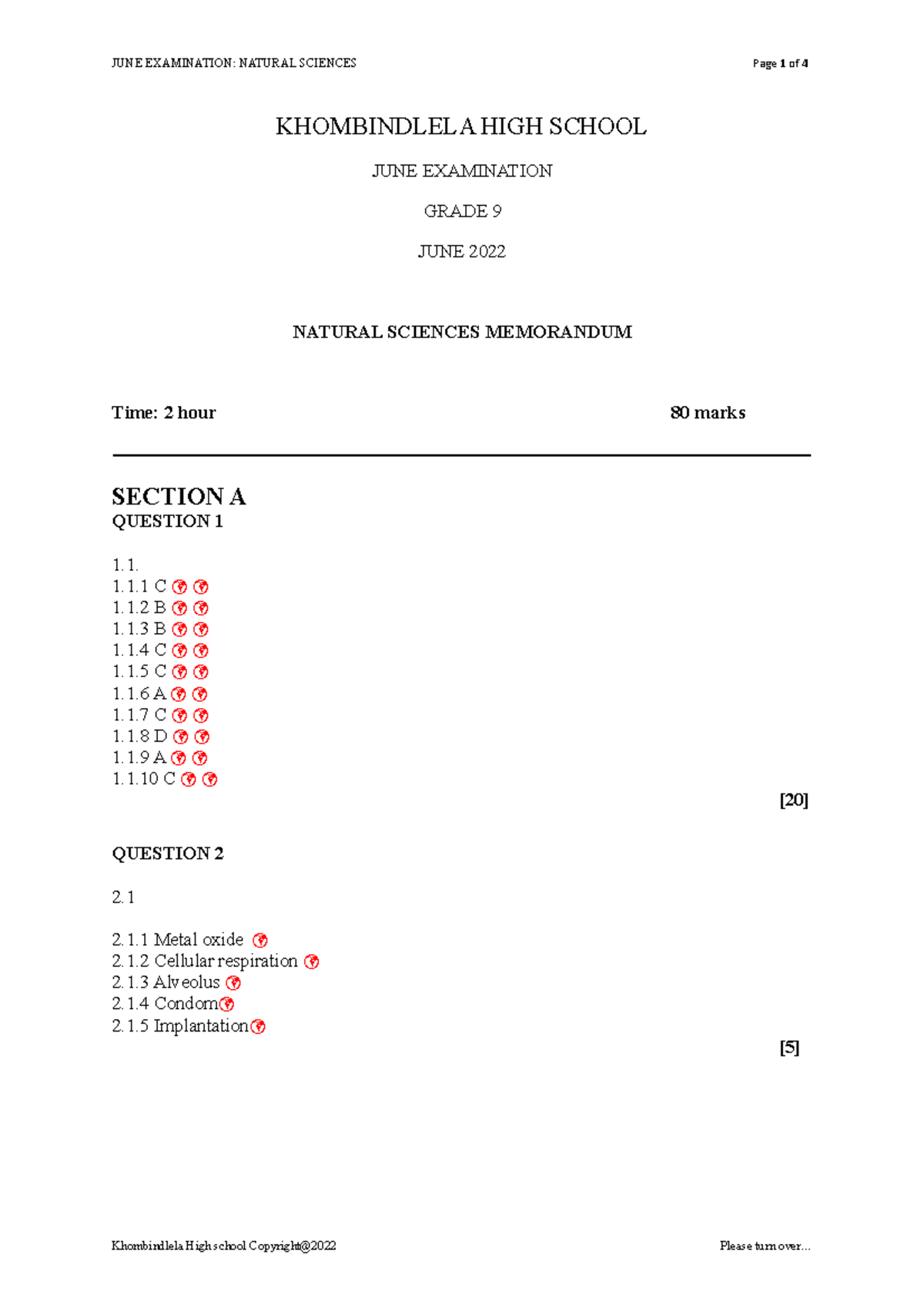 Grade 9 JUNE 2022 MEMO - Exam - KHOMBINDLELA HIGH SCHOOL JUNE ...