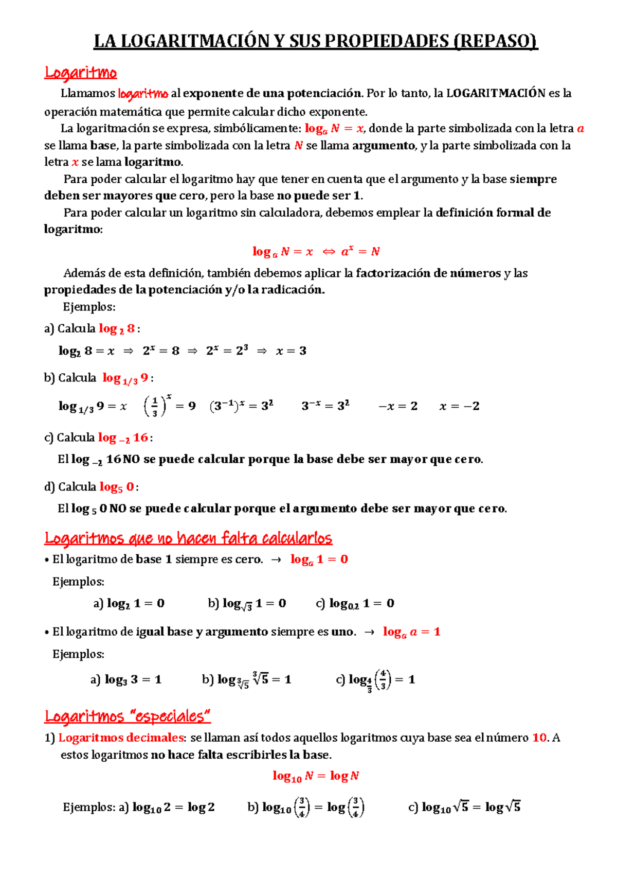 La logaritmacion y sus propiedades (Repaso) - LA LOGARITMACIÓN Y SUS ...