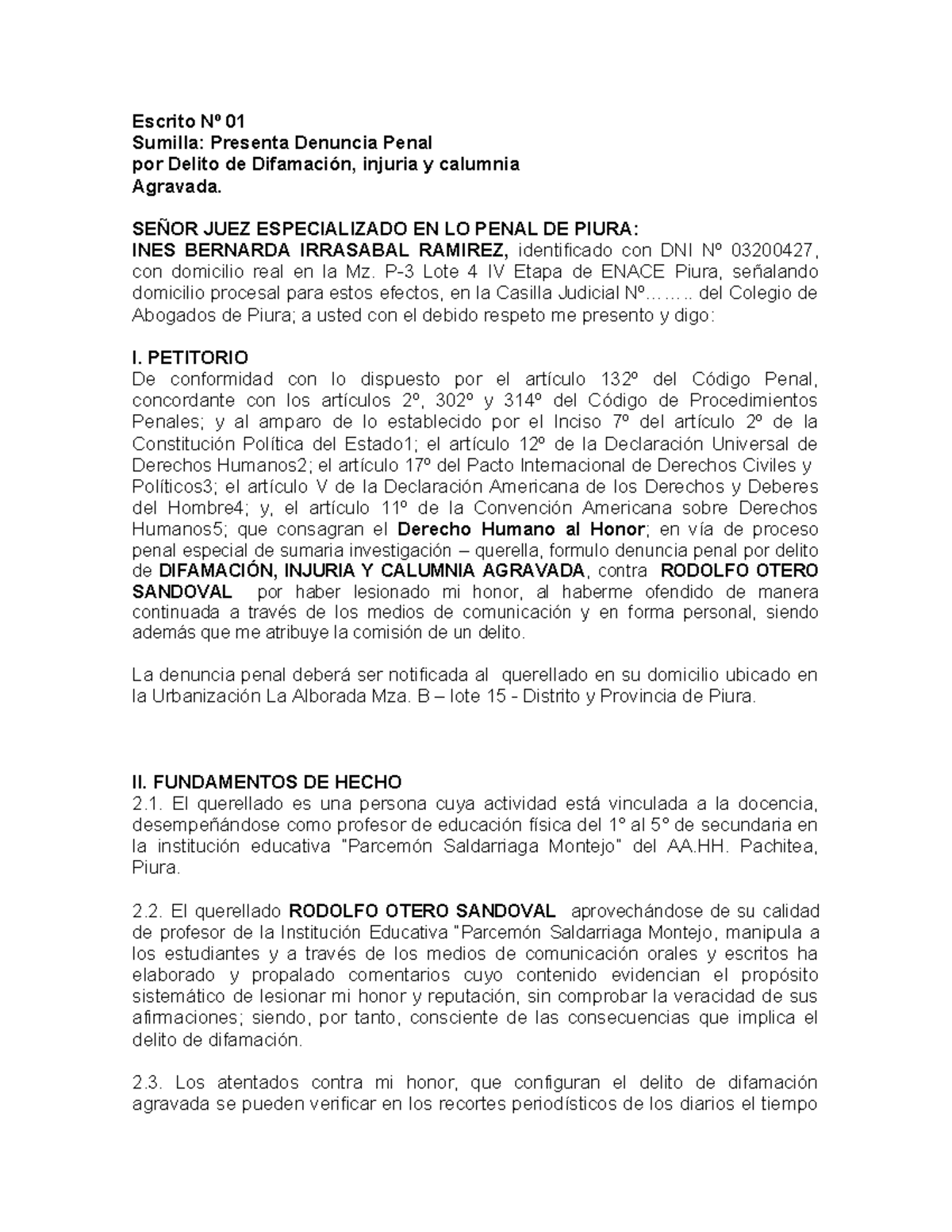 Querella Directora DEL Parcemon - Escrito Nº 01 Sumilla: Presenta ...
