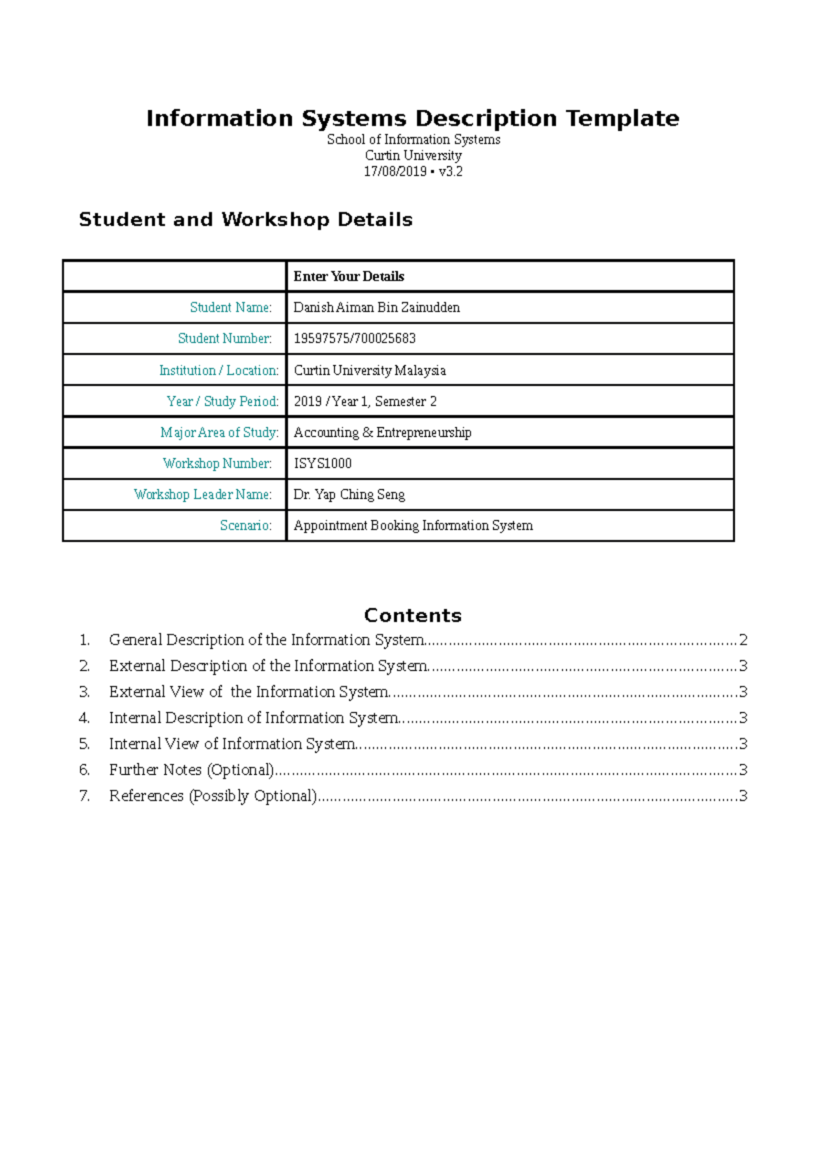 ISYS1000 Assignment 1 Sample - Information Systems Description Template ...