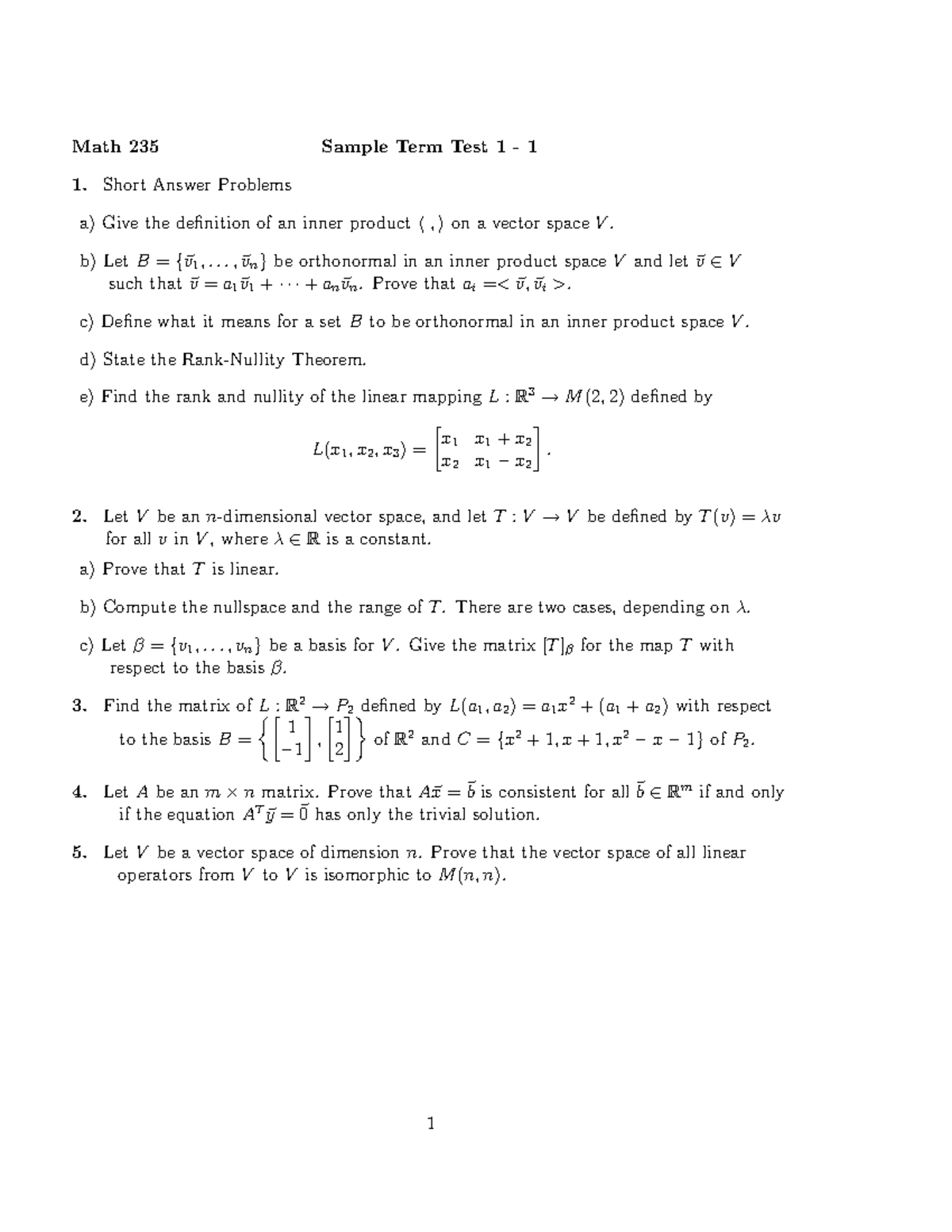 Sample/practice exam 2012, questions - Math 235 Sample Term Test 1 1 1 ...
